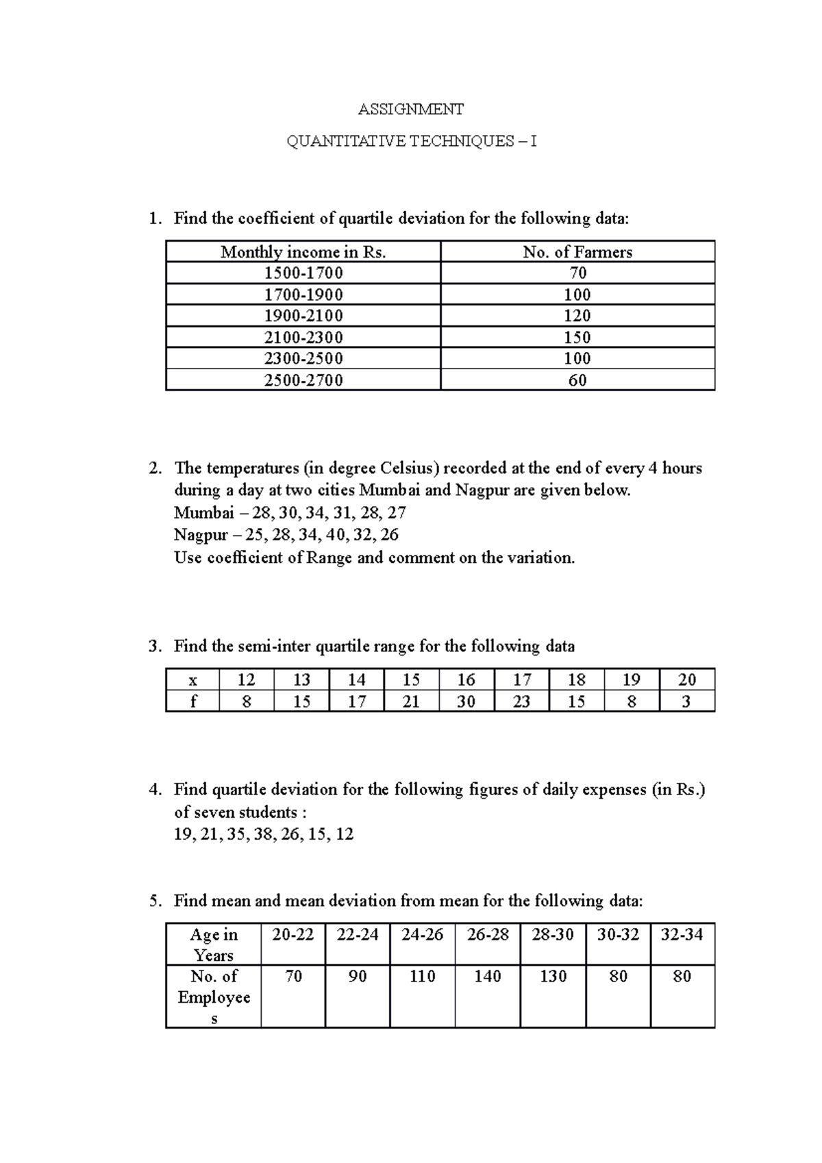 Assignment on dispersion - ASSIGNMENT QUANTITATIVE TECHNIQUES – I Find the coefficient of ...