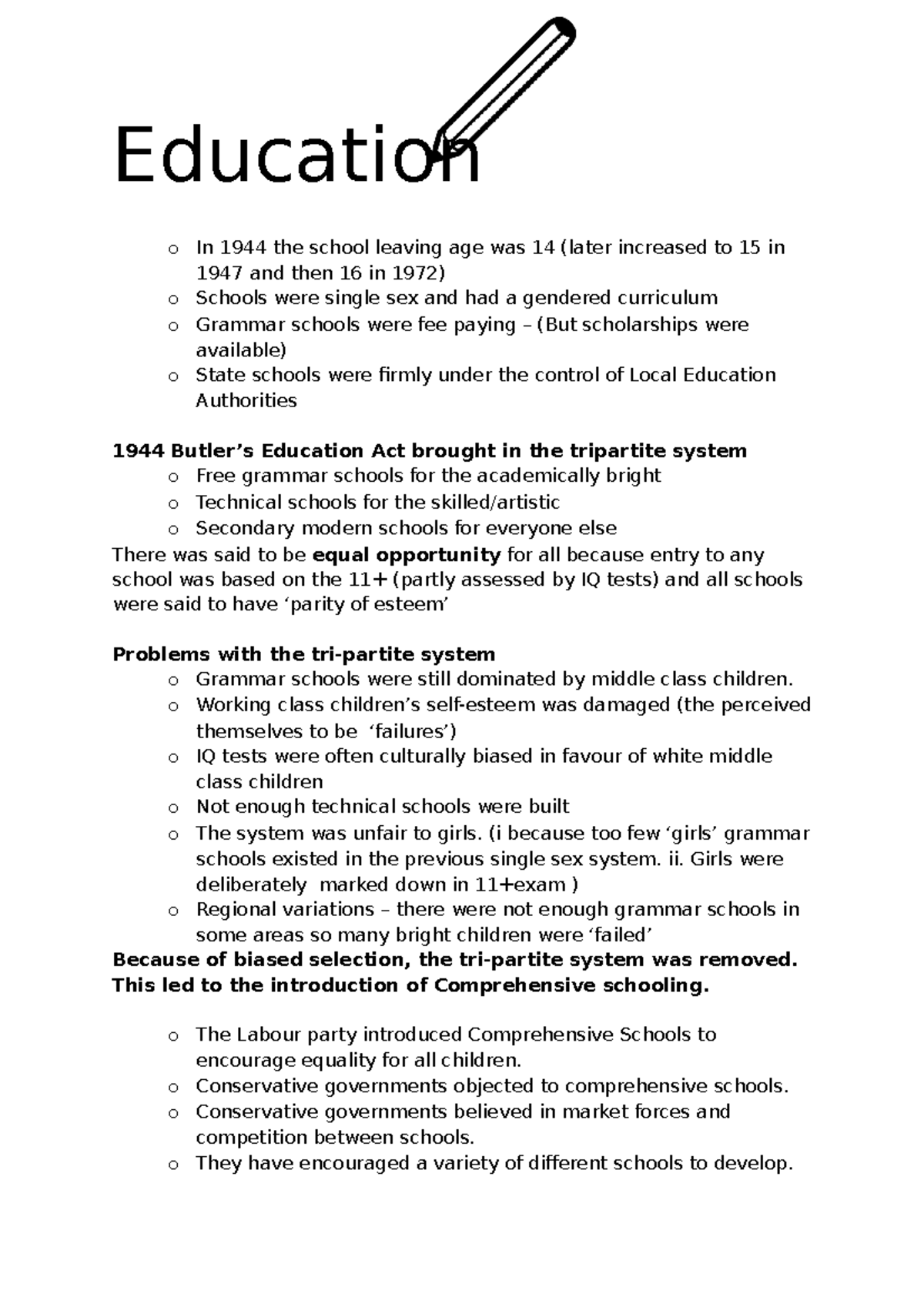 Education - stuff - Education o In 1944 the school leaving age was 14 ...