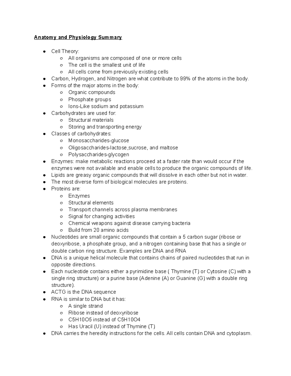 BME 177 Review - Summary Physiology for Engineers - Anatomy and ...