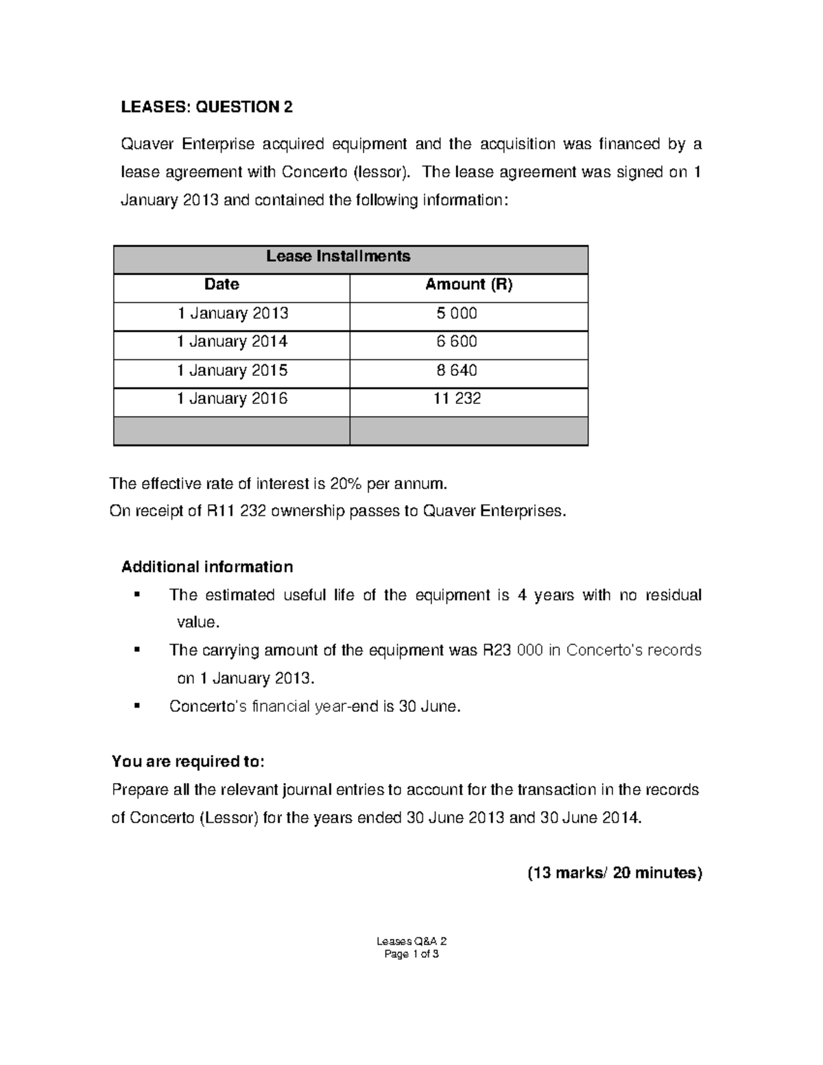 Leases Q2 - Good for practice and tutorials includes solution - Leases Q&A 2 Page 1 of 3 LEASES ...