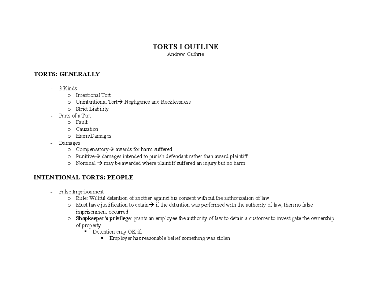 Torts I Underwood Outline - TORTS I OUTLINE Andrew Guthrie TORTS ...