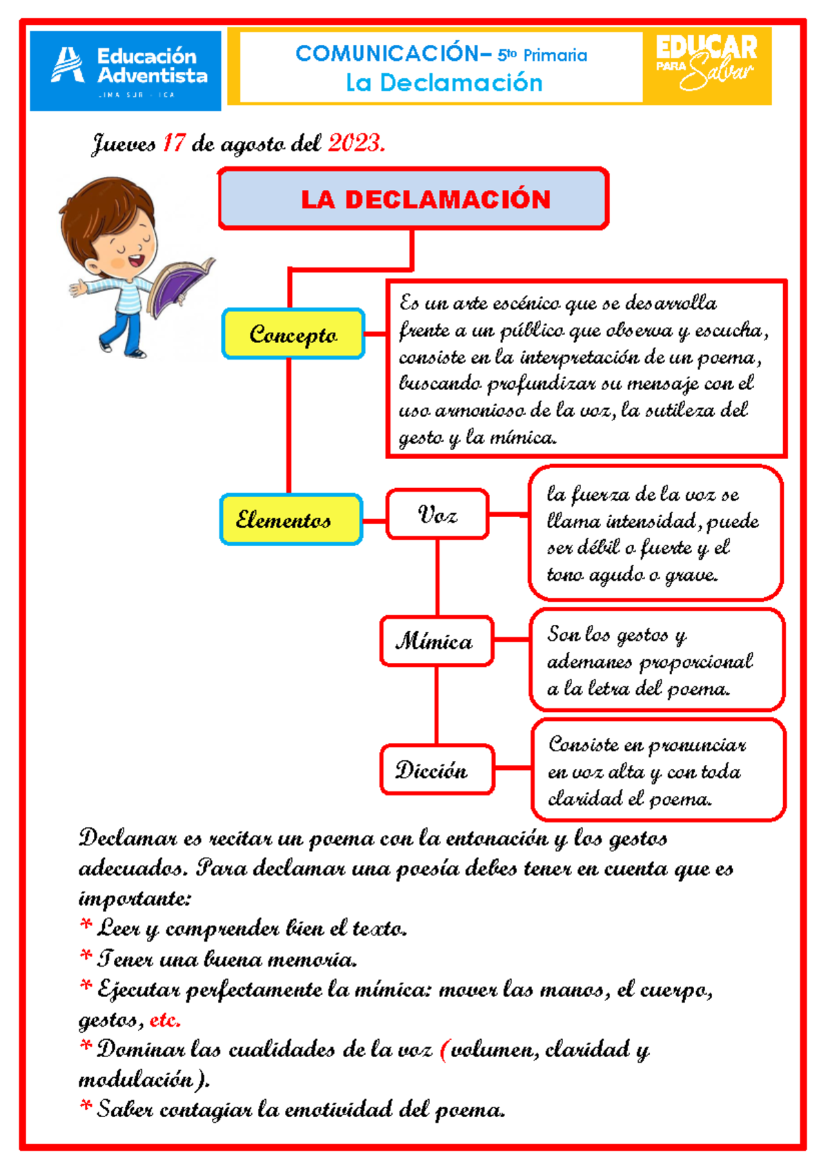 Clase LA Declamación 5TO - Jueves 17 de agosto del 2023. Declamar es ...