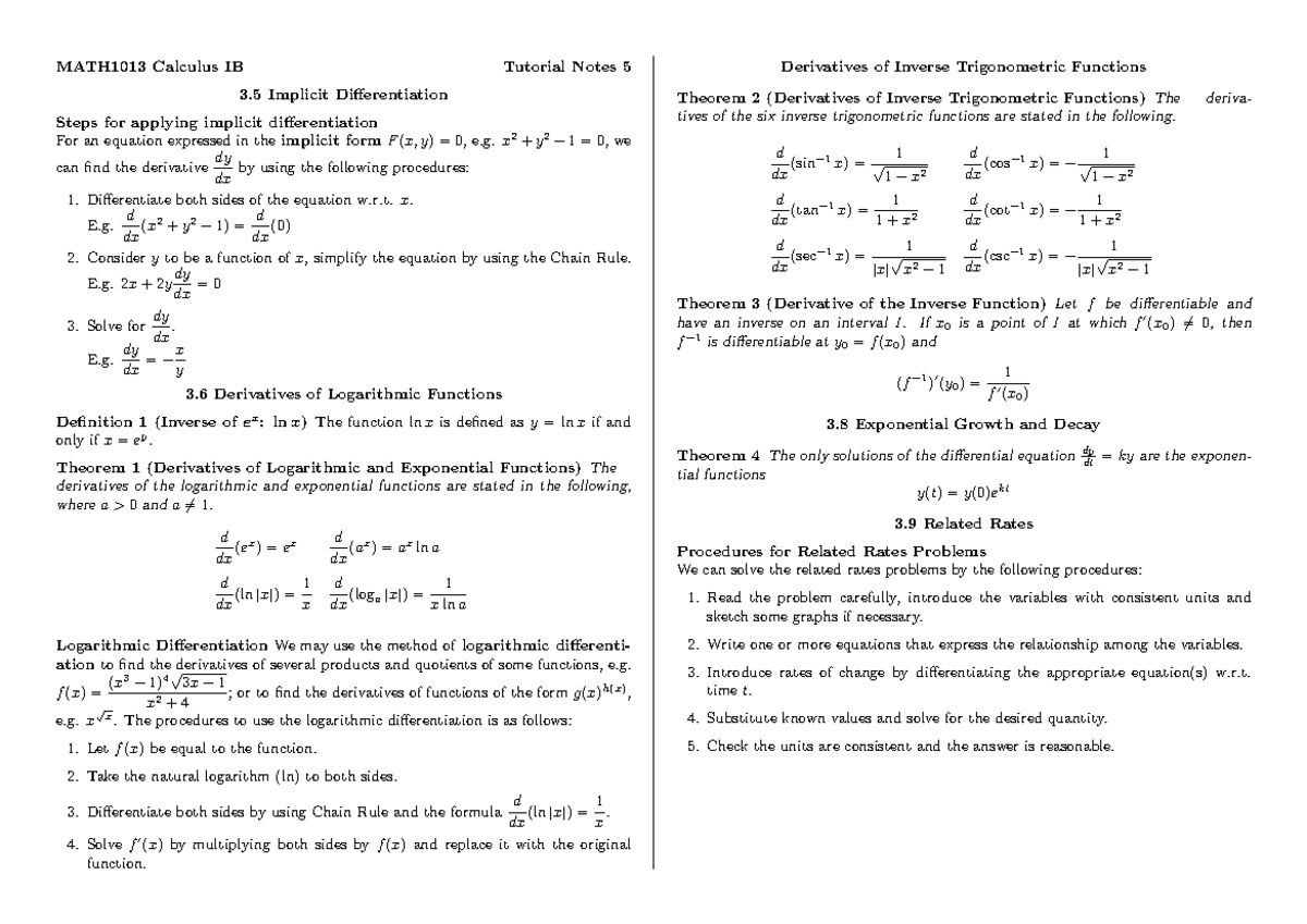 TN05 - Dave Au - MATH1013 Calculus IB Tutorial Notes 5 3 Implicit ...