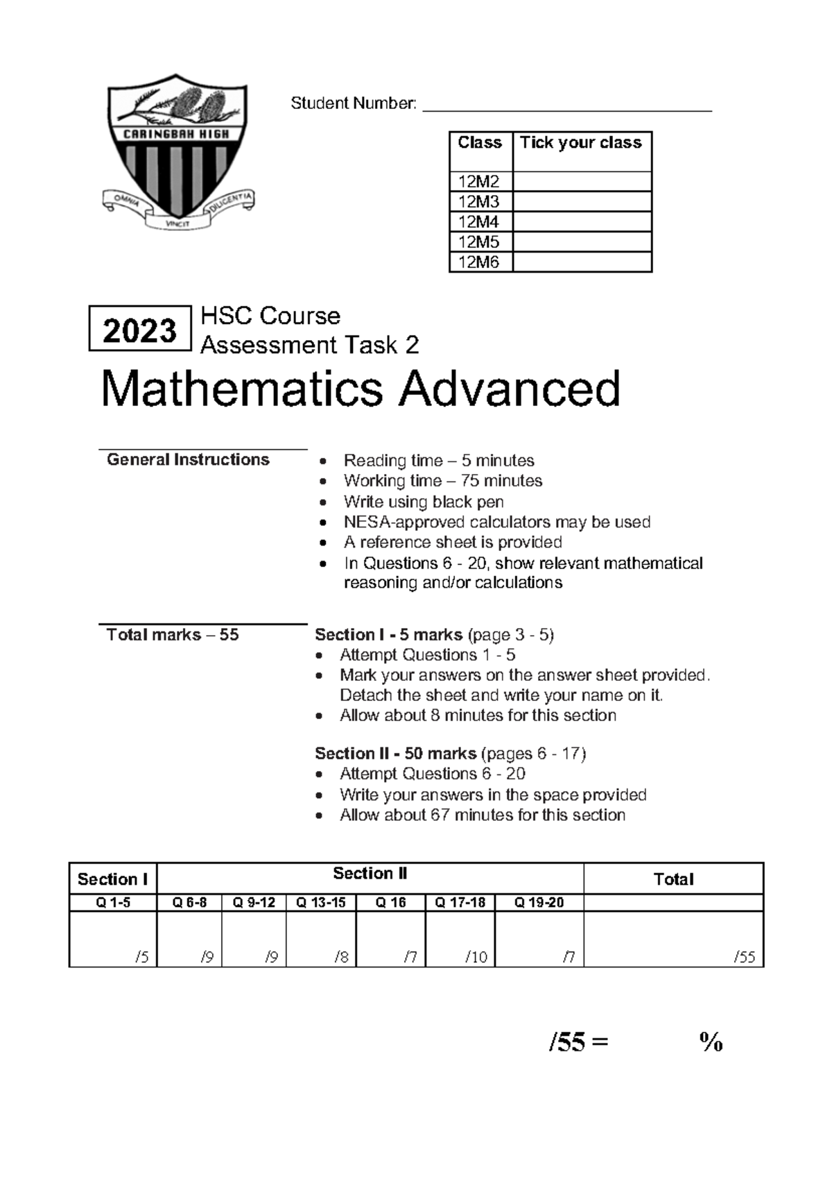 2023 Year 12 Mathematics Advanced AT2 Exam - HSC Course Assessment Task ...