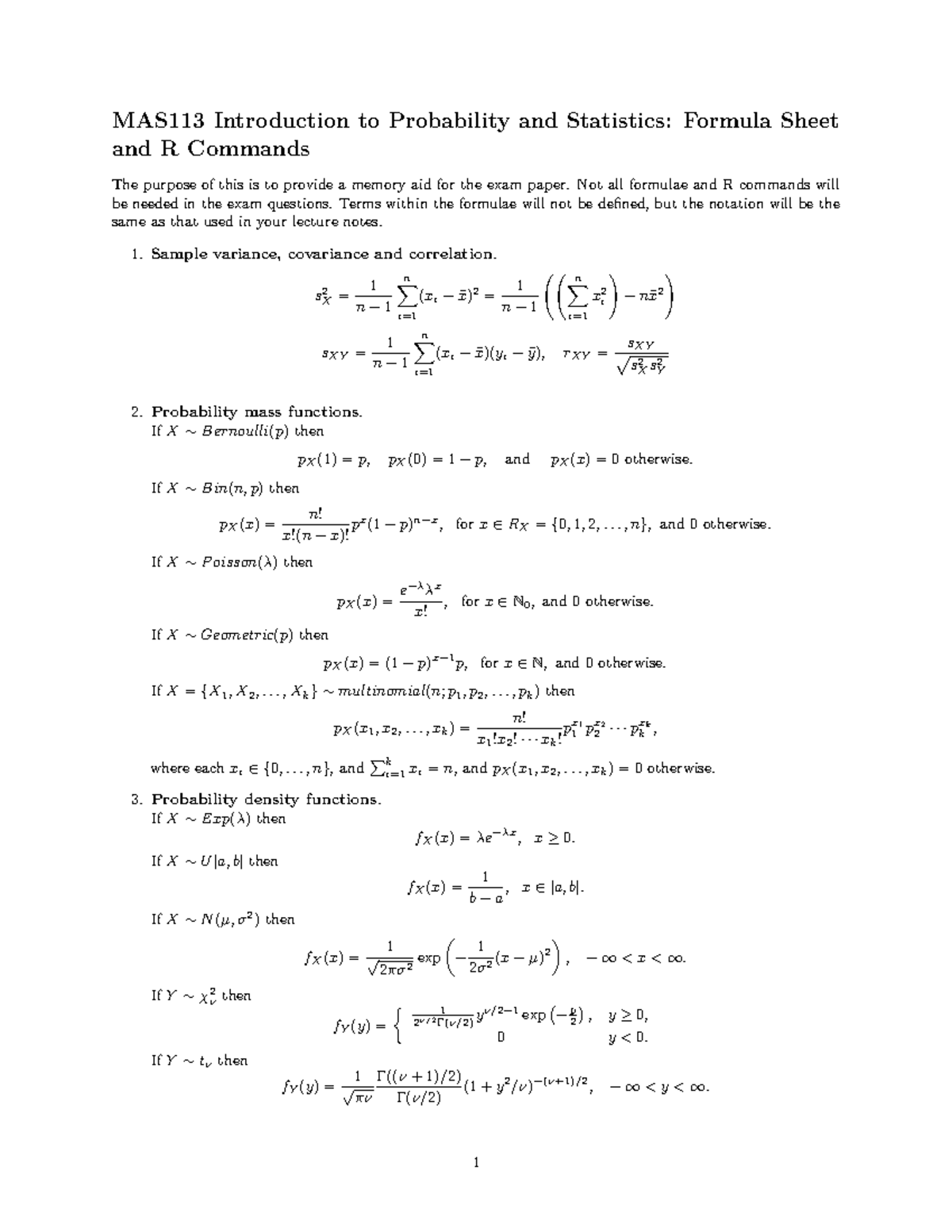 MAS113-Exam-formula-sheet 2022 - MAS113 Introduction to Probability and ...