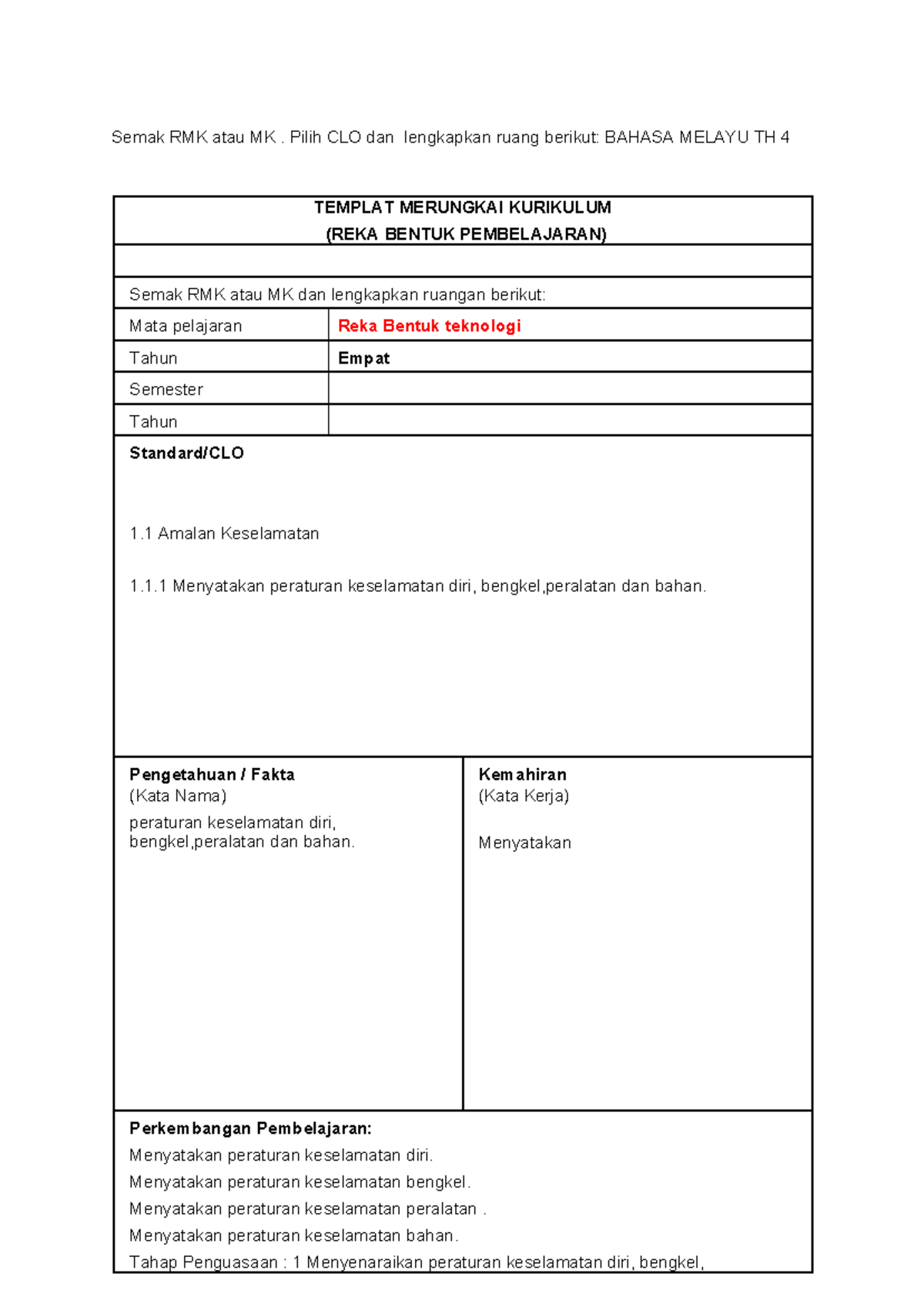 Templat Merungkai Kurikulum RBT th 4 - Semak RMK atau MK. Pilih CLO dan ...