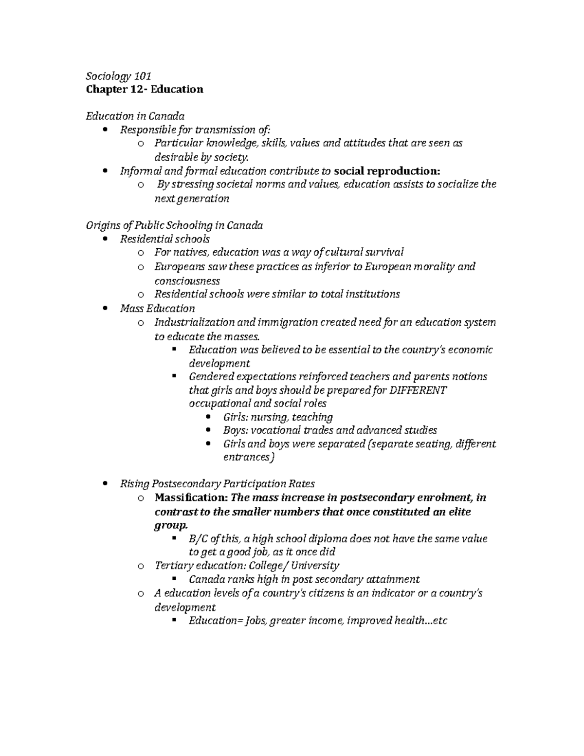Chapter 12 - Lecture notes 12 - Sociology 101 Chapter 12- Education ...