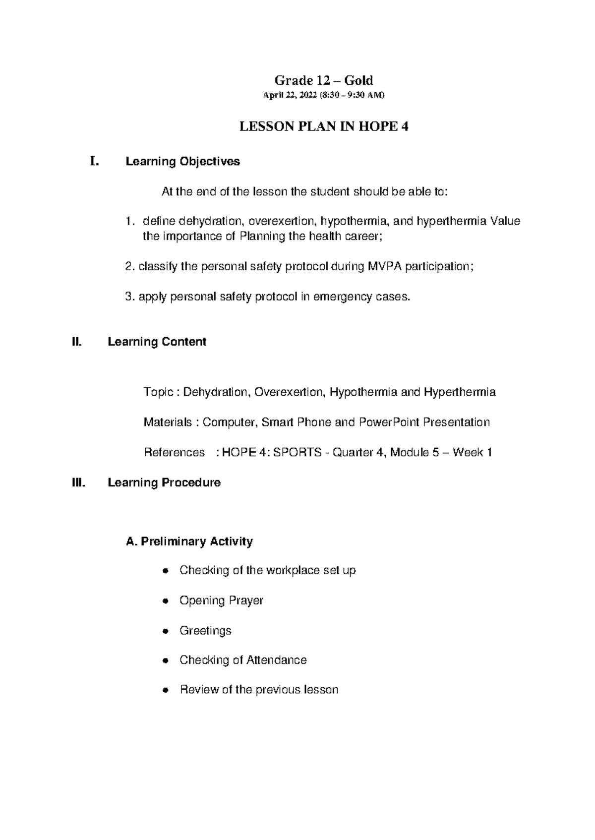 Final Demo Teaching - Lesson Plan in HOPE 4 - Grade 12 – Gold April 22 ...