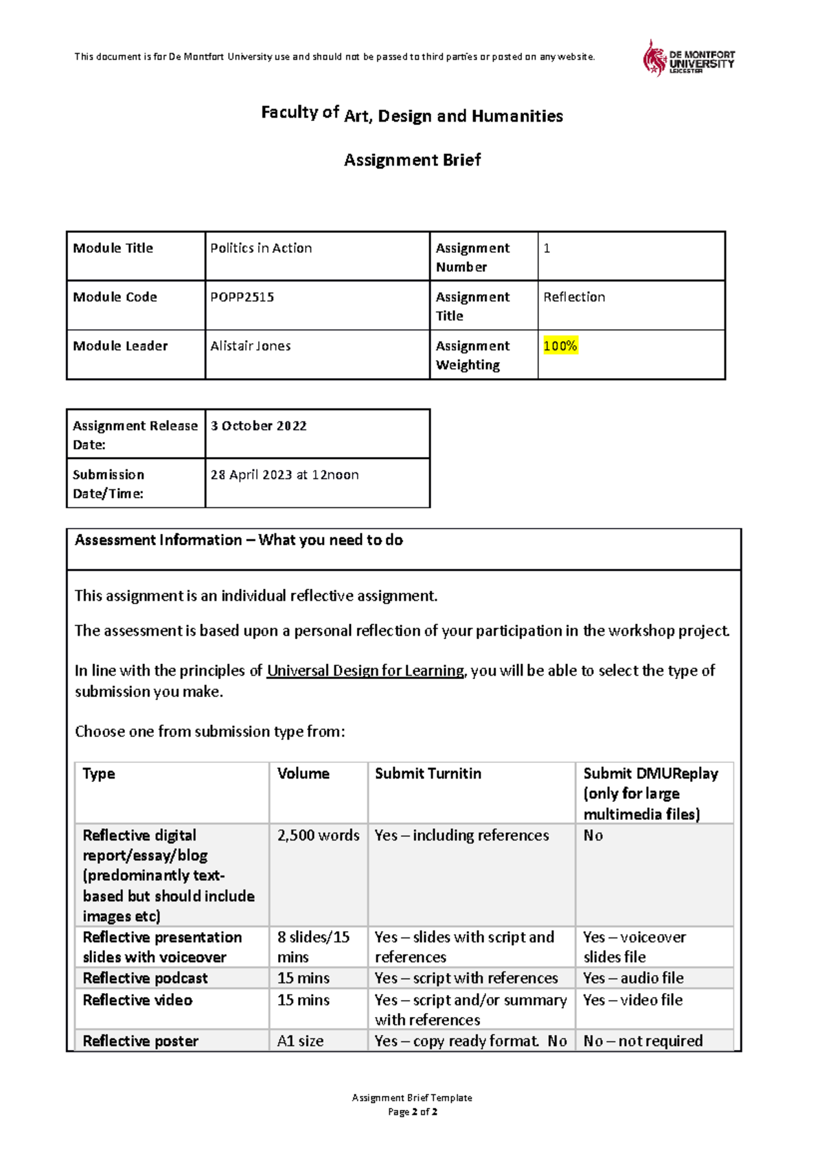 Assessment Brief Template 20222023 - Faculty of Art, Design and ...