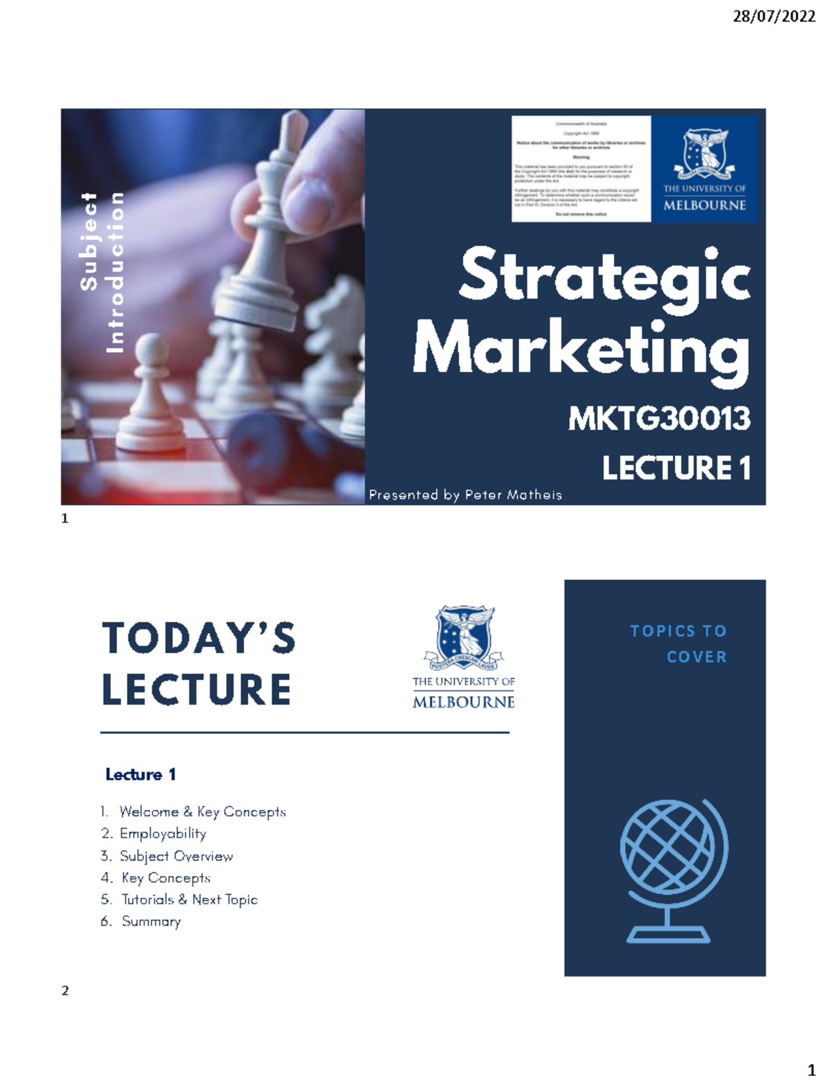 Lecture MKTG30013 Week 1 2022 - Strategic Marketing MKTG LECTURE 1 T O ...