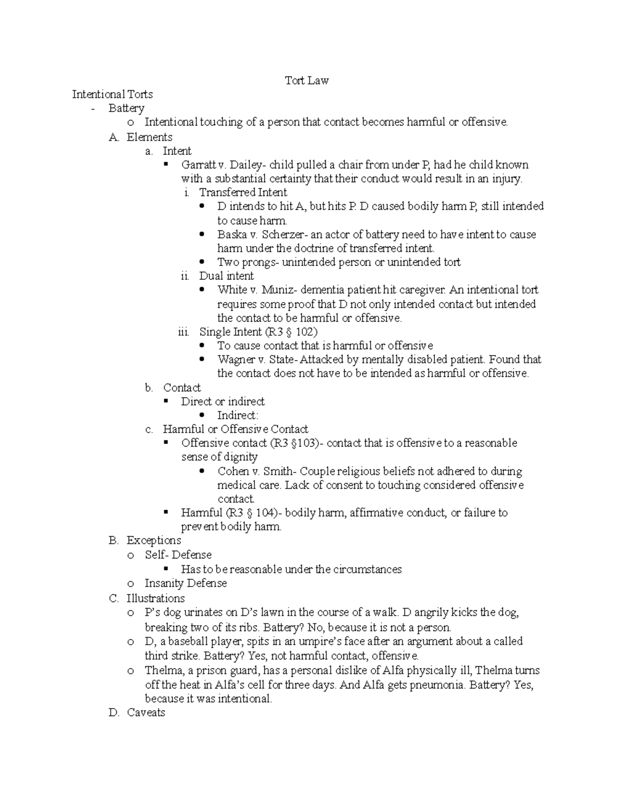 Outline For Torts - Tort Law Intentional Torts Battery o Intentional ...