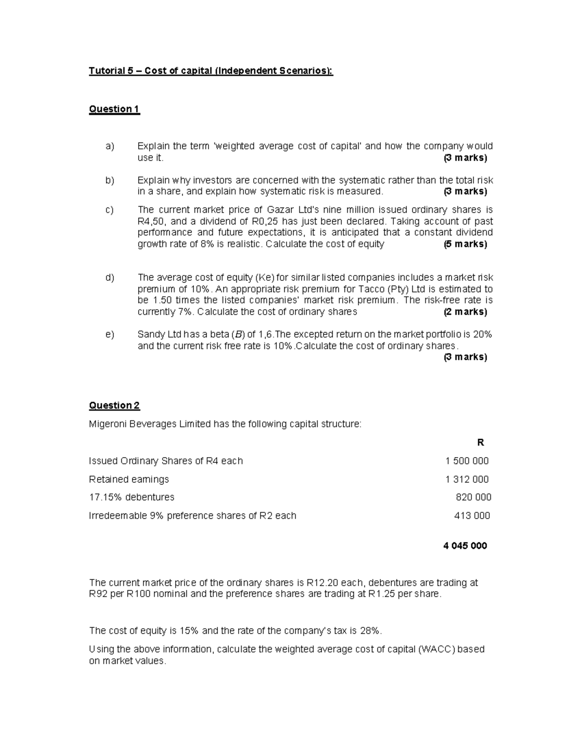 Tutorial UNIT 5 - GOOD - Tutorial 5 – Cost of capital (Independent ...