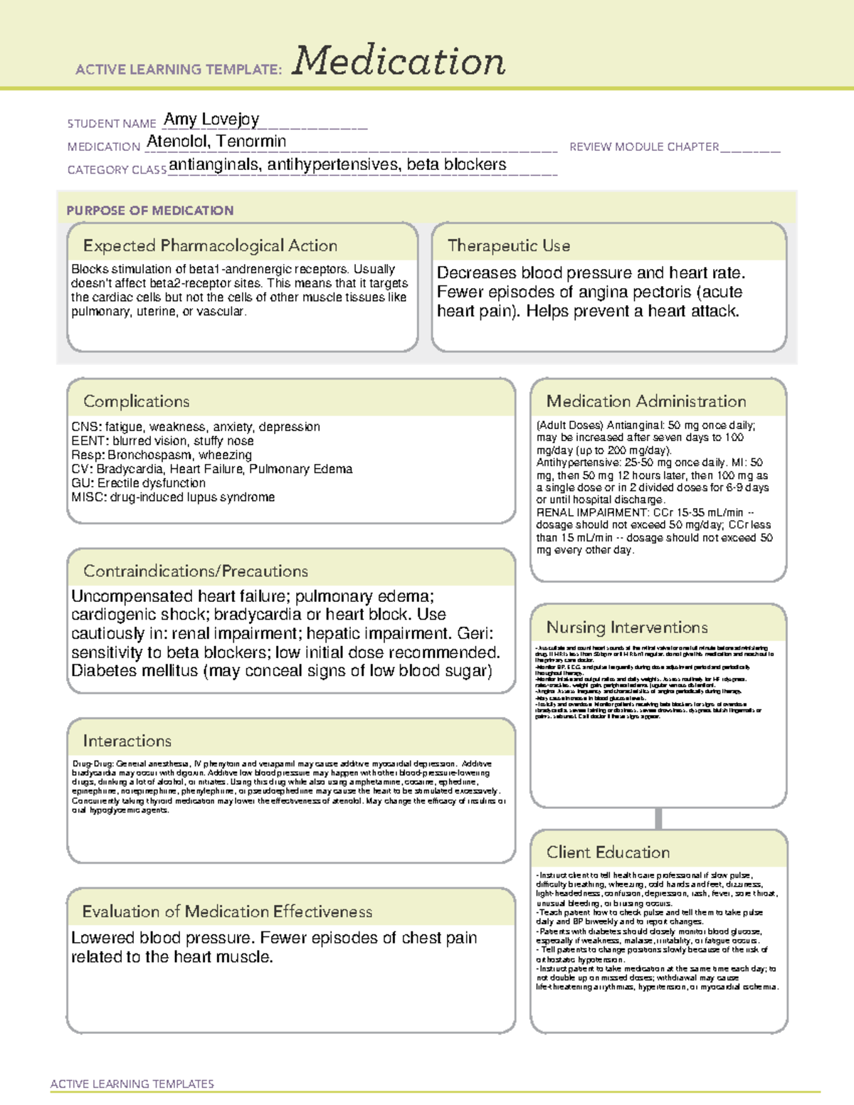 Atenelol - med sheet - ACTIVE LEARNING TEMPLATES Medication STUDENT ...