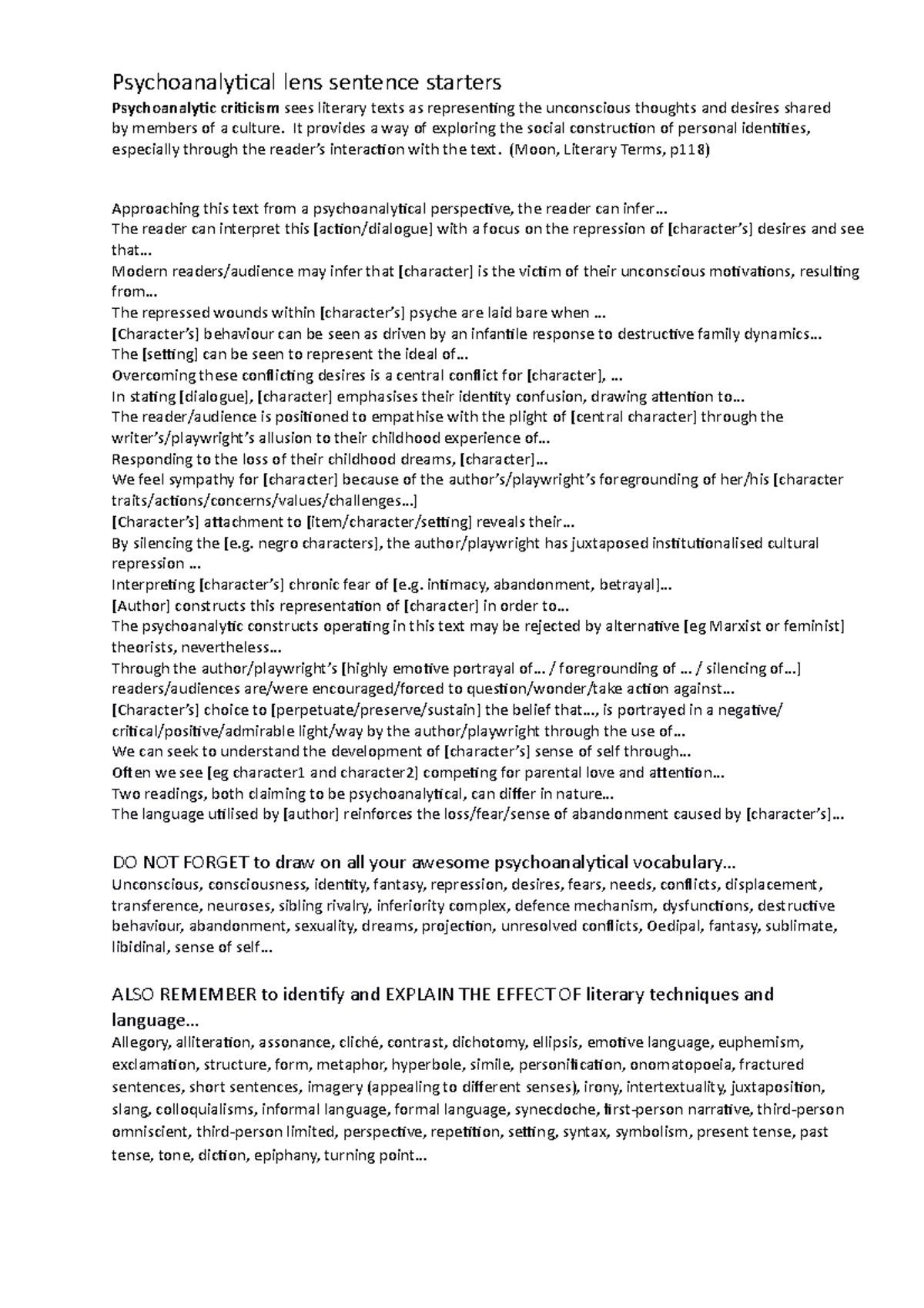 Psychoanalytical Lens Sentence Starters - Psychoanalytical lens ...