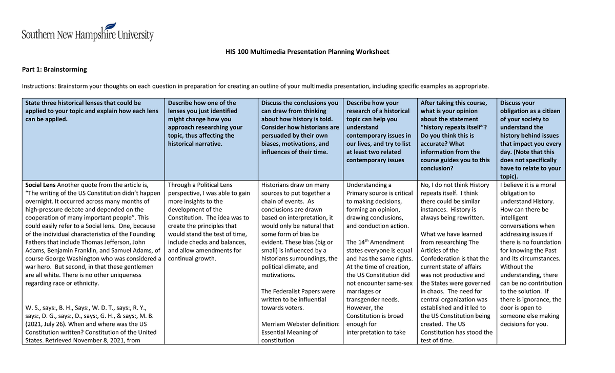 HIS 100 Multimedia Presentation Planning Worksheet - HIS100 - SNHU ...