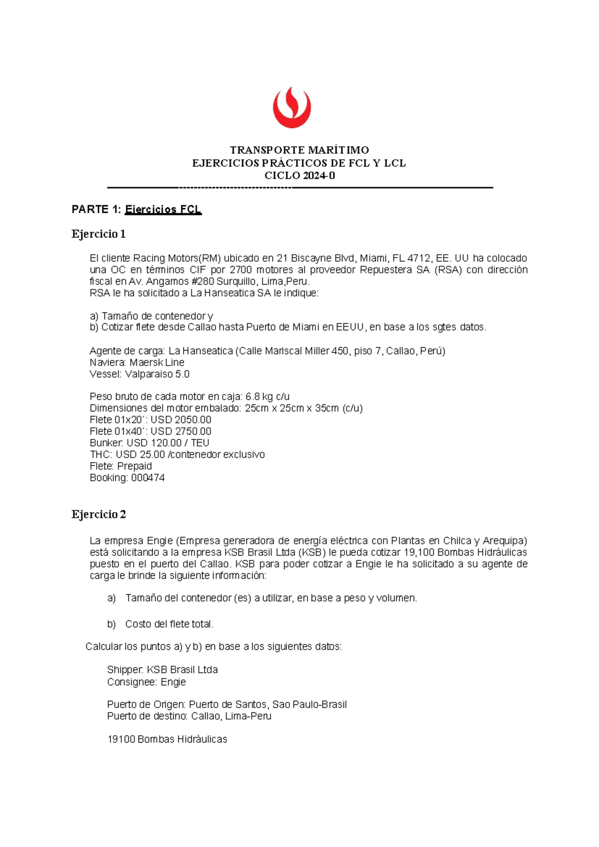 Ejercicios Flete Marítimo 2024 - TRANSPORTE MARÍTIMO EJERCICIOS ...