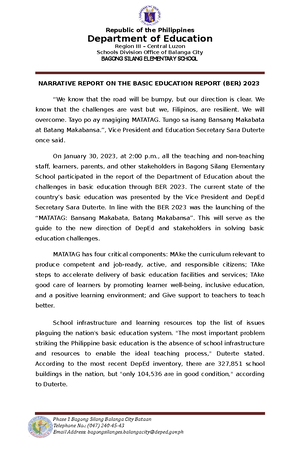 Narrative Report on BER - Department of Education Region III – Central ...