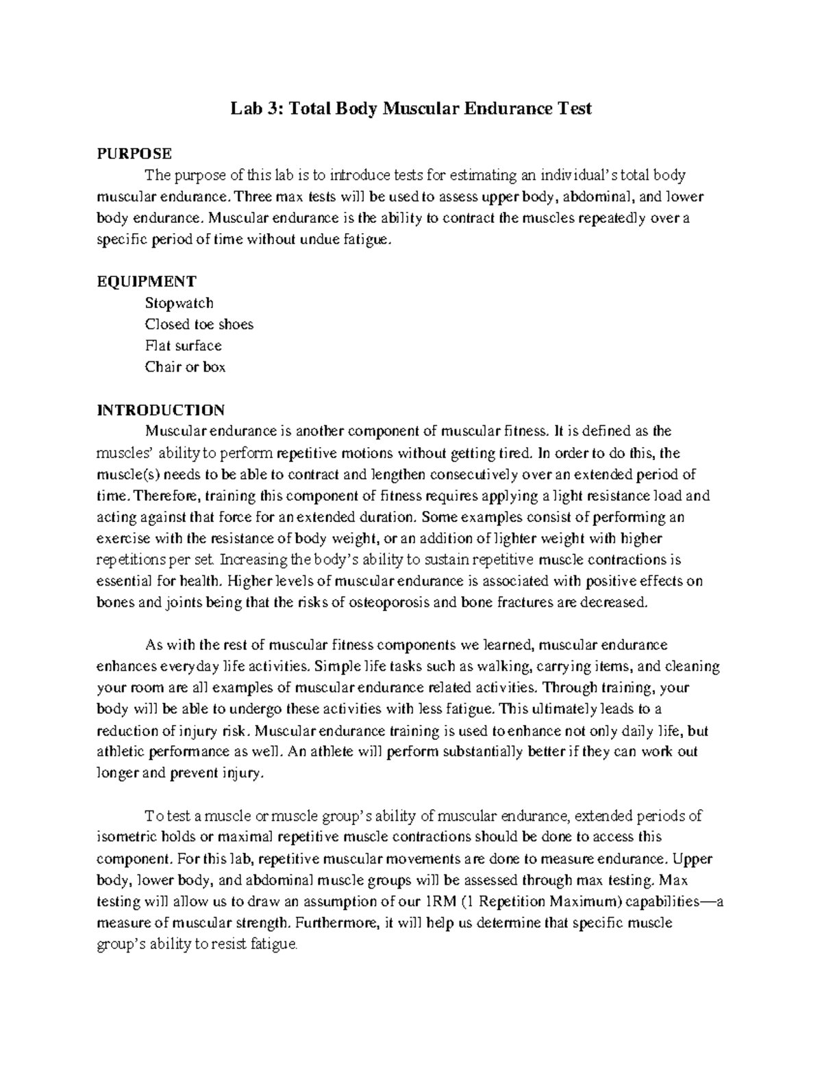 Lab 3 Total Body Muscular Endurance Test - Three max tests will be used ...