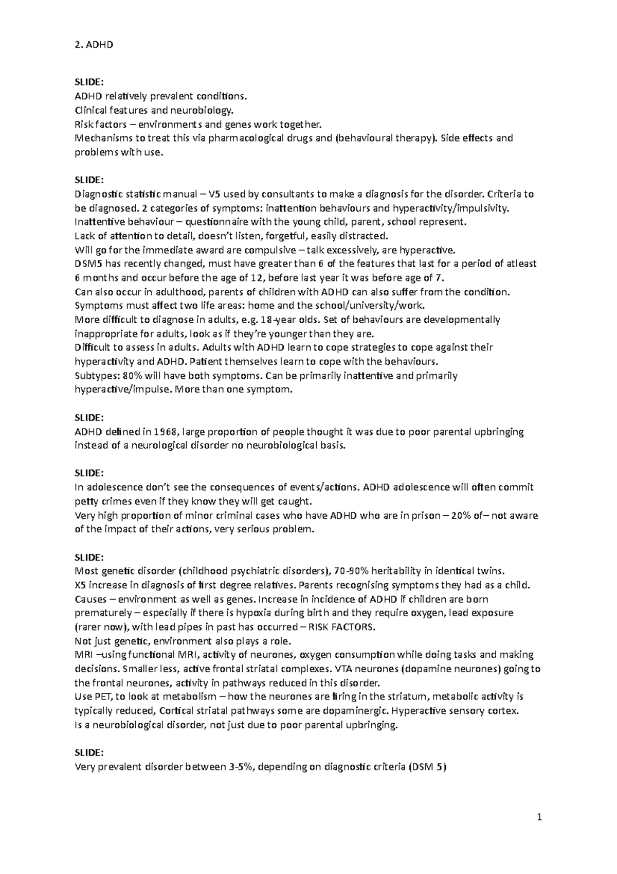 2. ADHD - Lecture notes 2 - SLIDE: ADHD relatively prevalent conditions ...