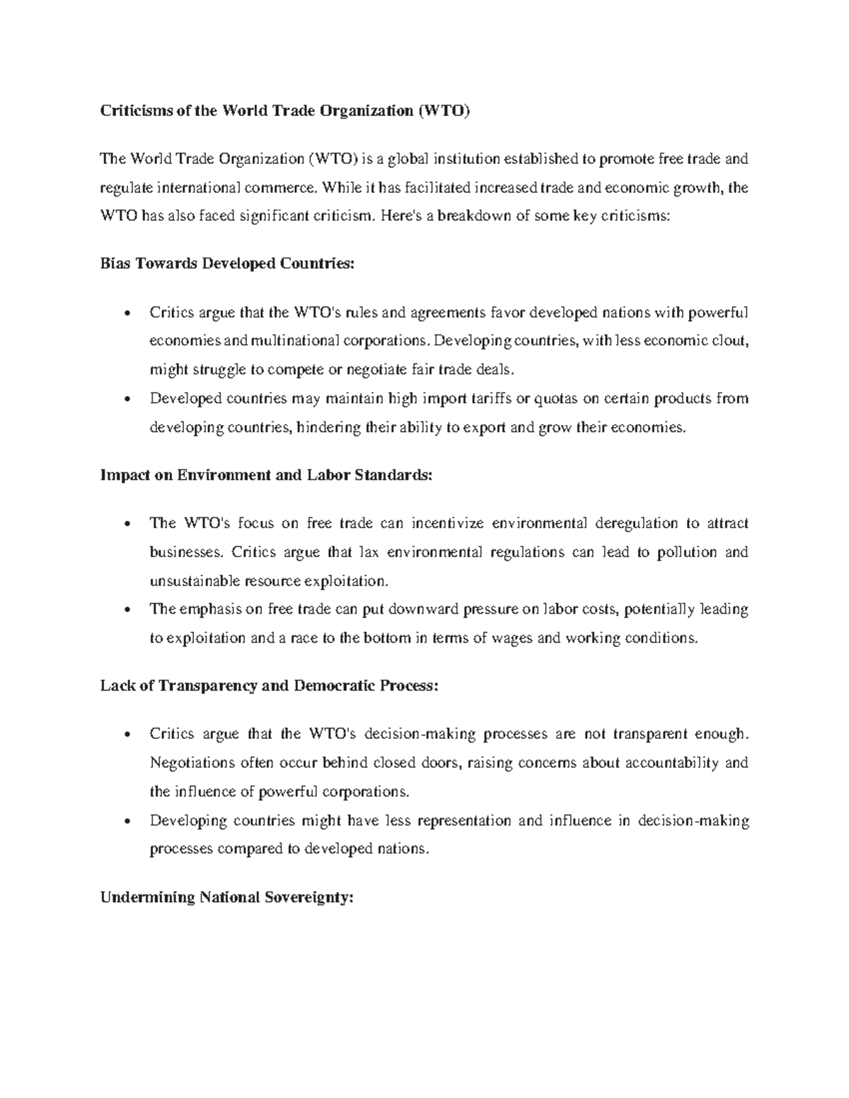 Criticisms of the World Trade Organization (WTO) - While it has ...