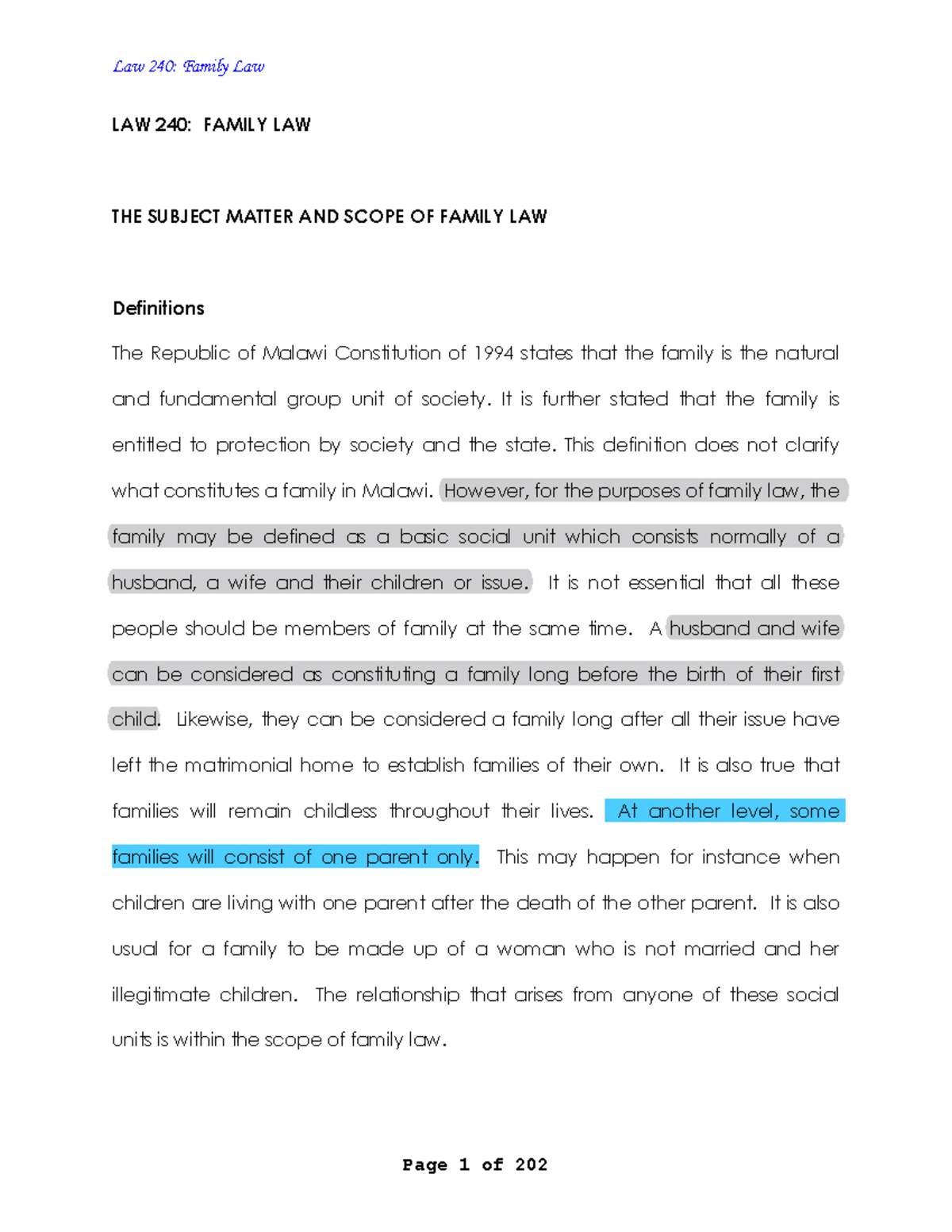 Family LAW Notes - LAW 240: FAMILY LAW THE SUBJECT MATTER AND SCOPE OF ...