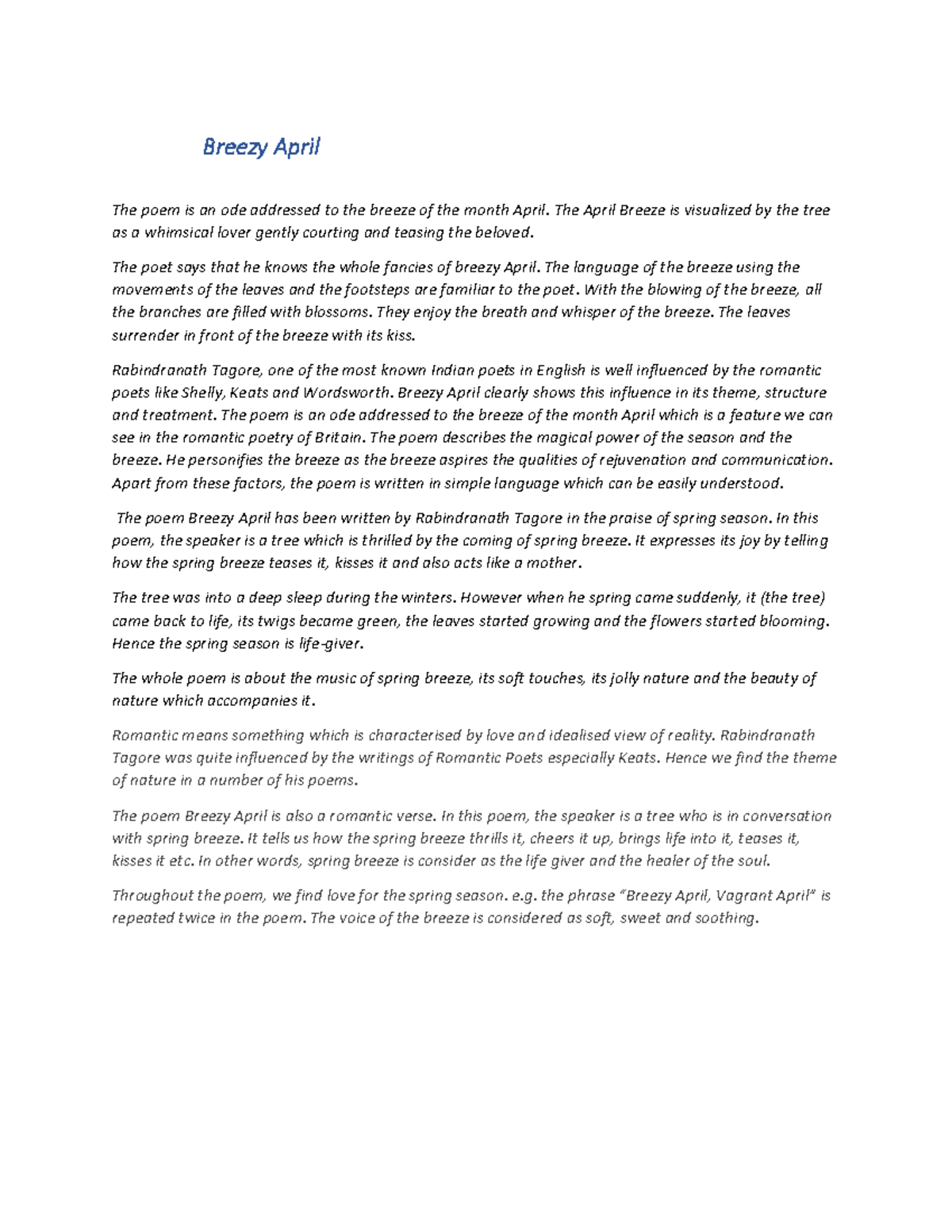 Breezy April - It is a short summary - Breezy April The poem is an ode ...