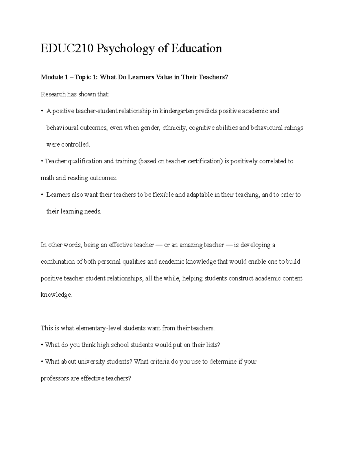 EDUC 210 - Notes - EDUC210 Psychology of Education Module 1 – Topic 1 ...