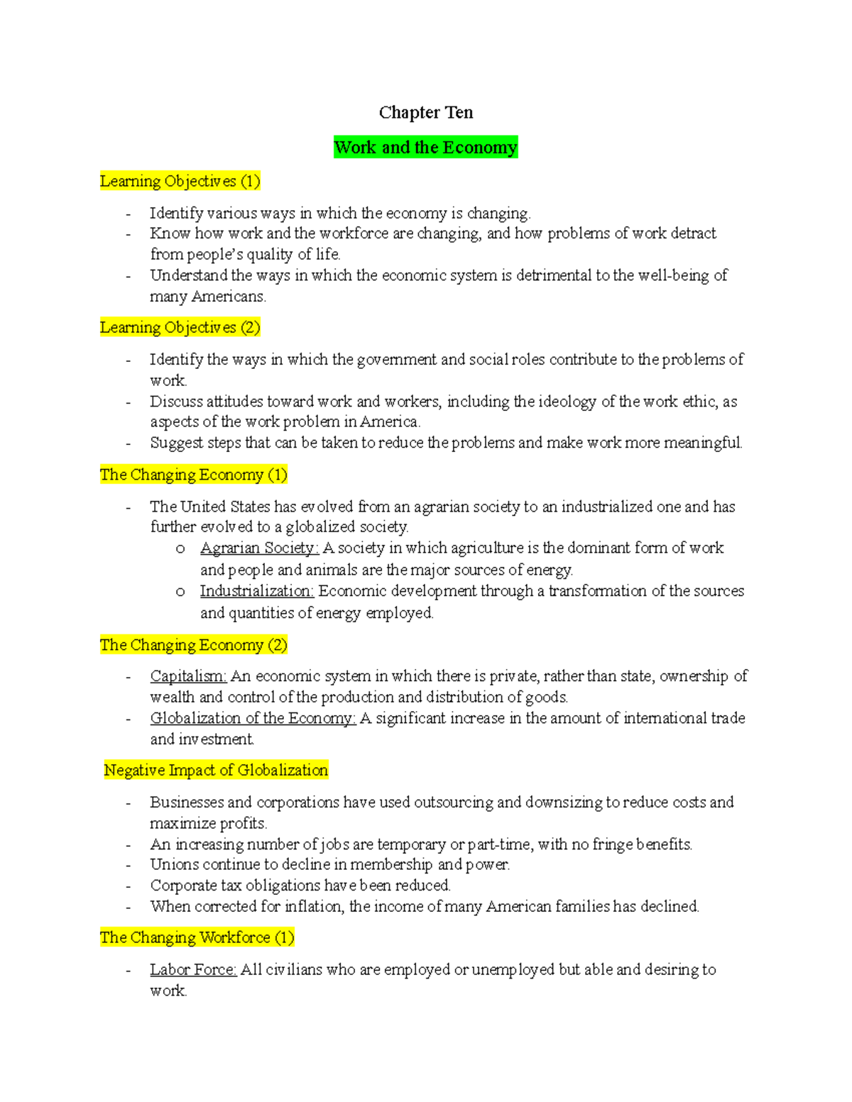 Chapter Ten - Chapter Ten Work and the Economy Learning Objectives (1) Identify various ways in ...