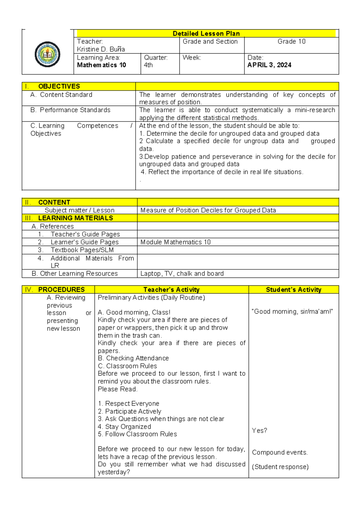 Decile group data - Detailed Lesson Plan Teacher: Kristine D. Bu~na ...
