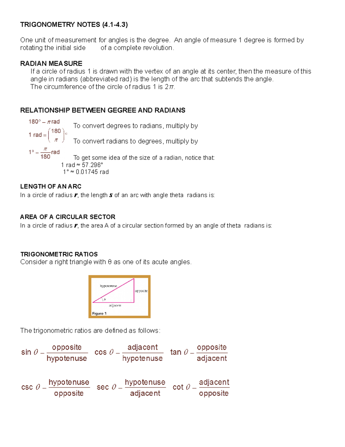 PRE-CALC Trigonometry Notes NOV19 - TRIGONOMETRY NOTES (4.1-4) One unit ...