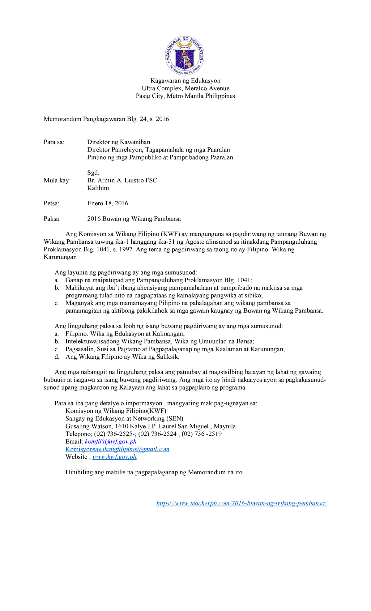 Memorandum Example - Kagawaran ng Edukasyon Ultra Complex, Meralco ...