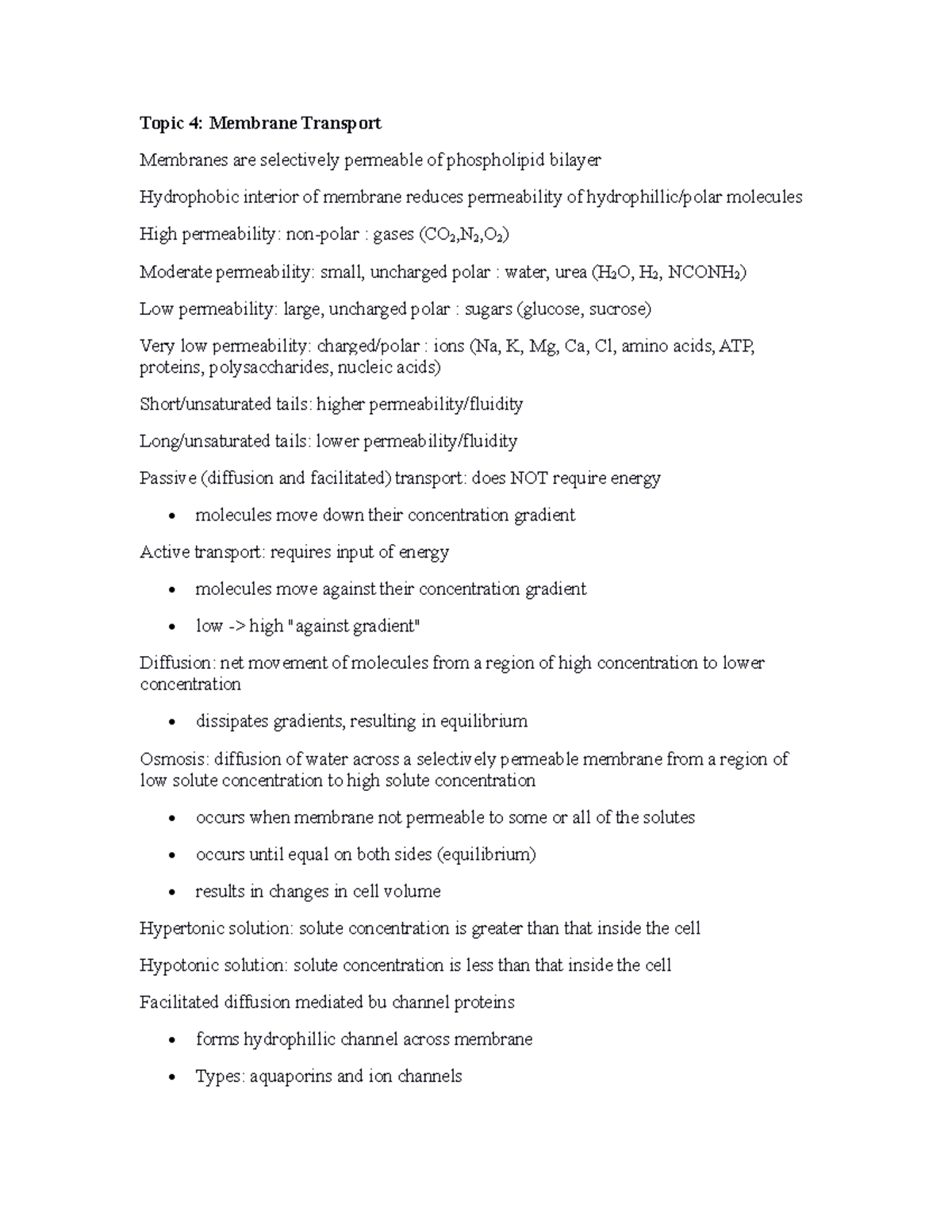 Topic 4 - Membrane transport - Topic 4: Membrane Transport Membranes ...