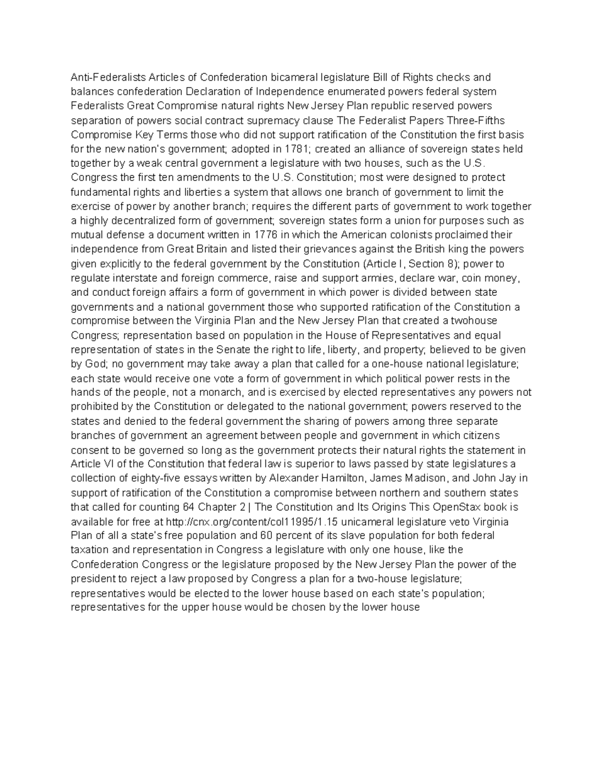 Chapter 2 Terms POLS1101 - Anti-Federalists Articles of Confederation ...