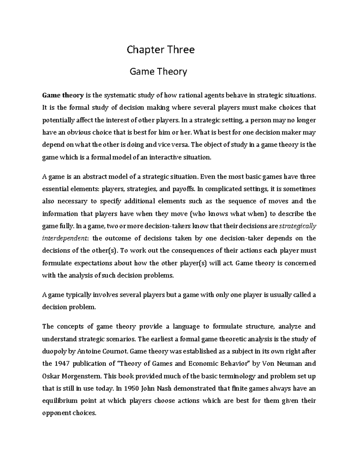 Chapter 3. Game Theory pdf - Chapter Three Game Theory Game theory is the systematic study of ...