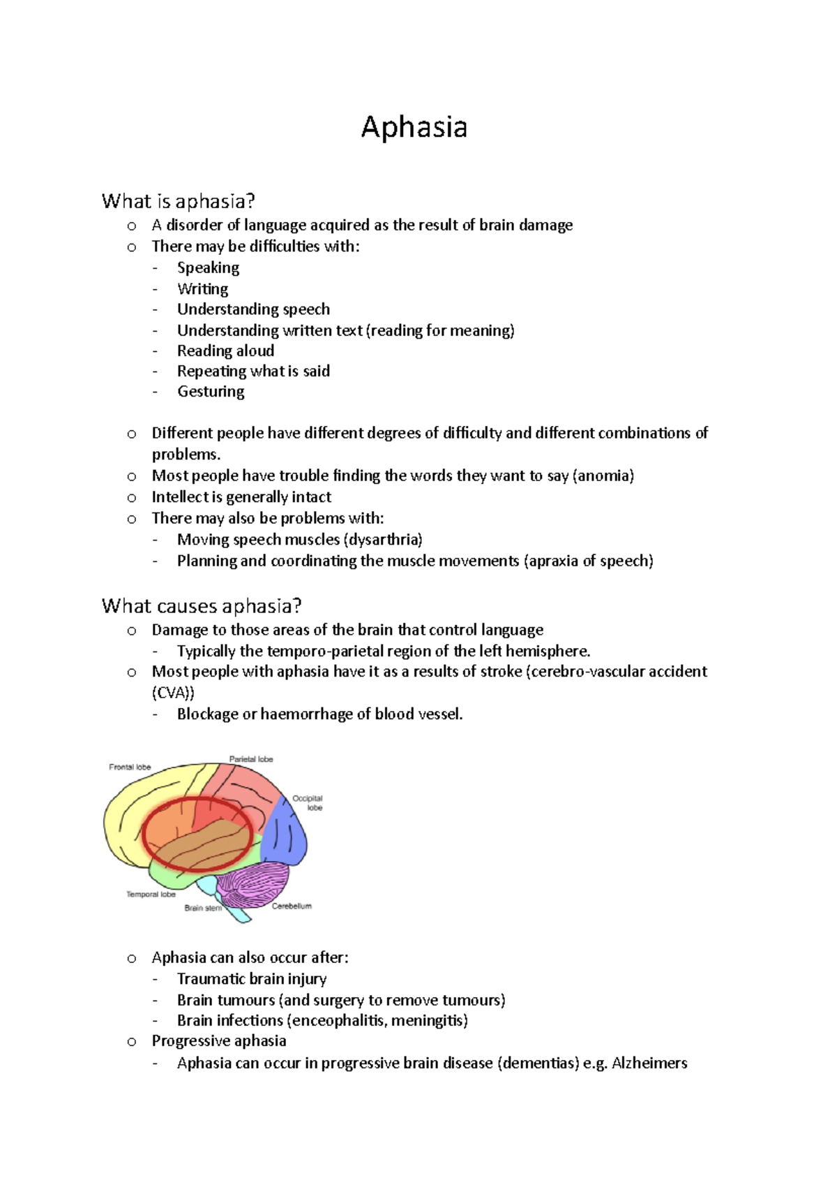 Aphasia - notes - Aphasia What is aphasia? o A disorder of language ...
