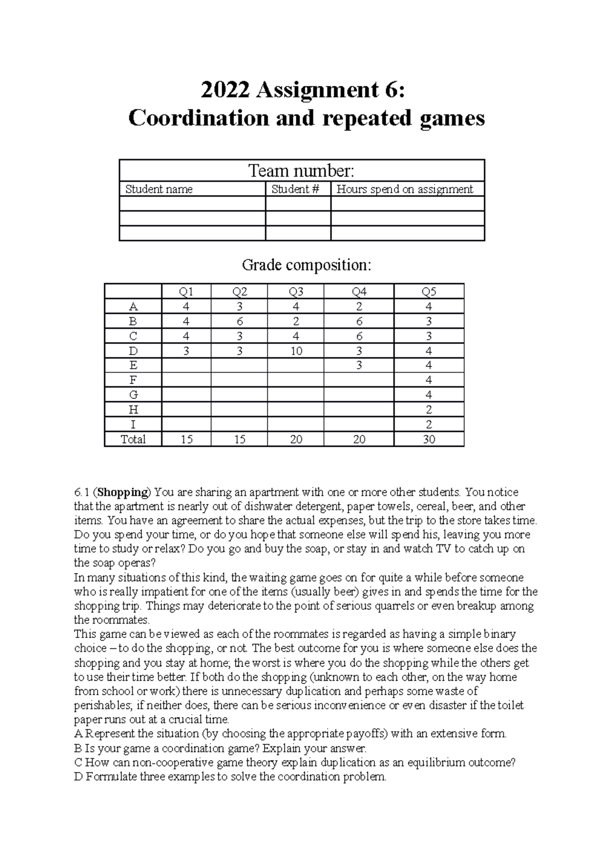 Assignment 6 Coordination And Repeated Games You Notice That The Apartment Is Nearly Out Of 