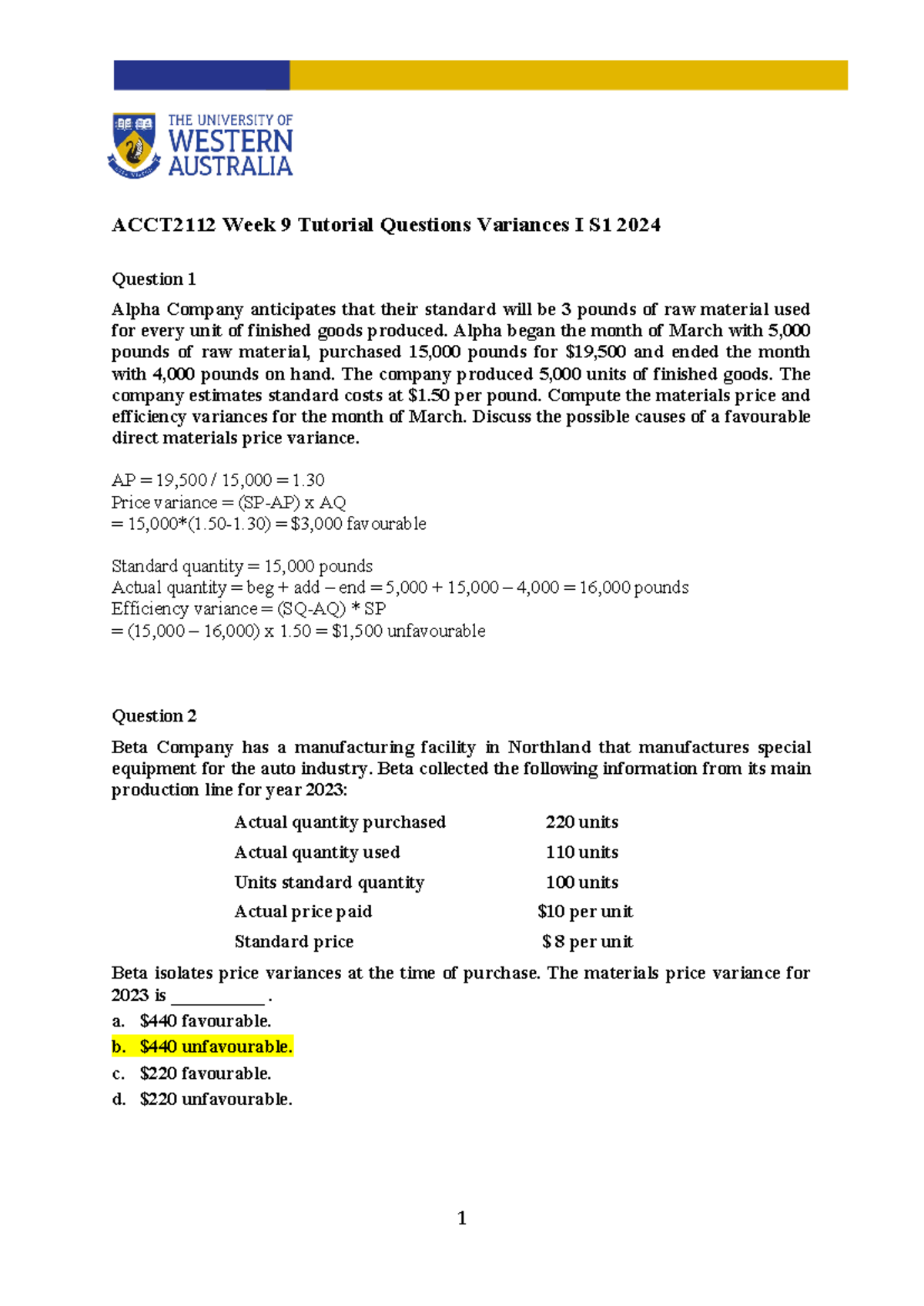 Week 8 q's - ACCT2112 Week 9 Tutorial Questions Variances I S1 2024 ...