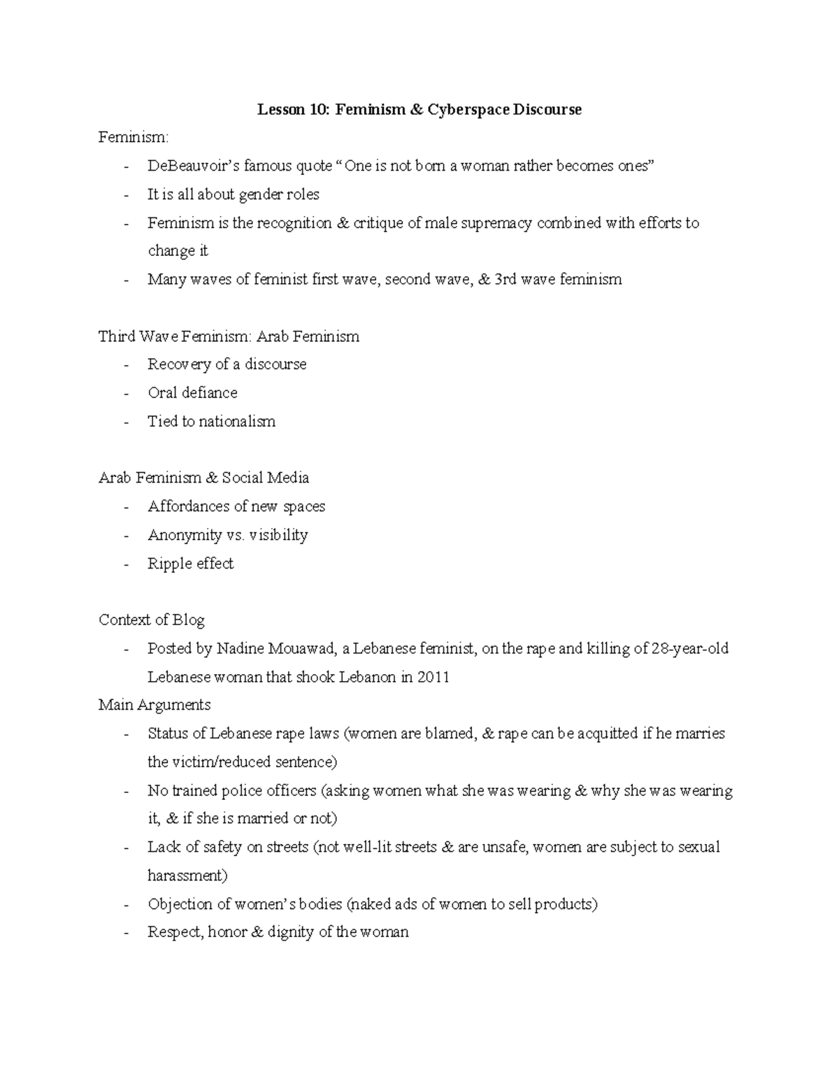 Educ-307-Lesson 10 Notes - Lesson 10: Feminism & Cyberspace Discourse ...