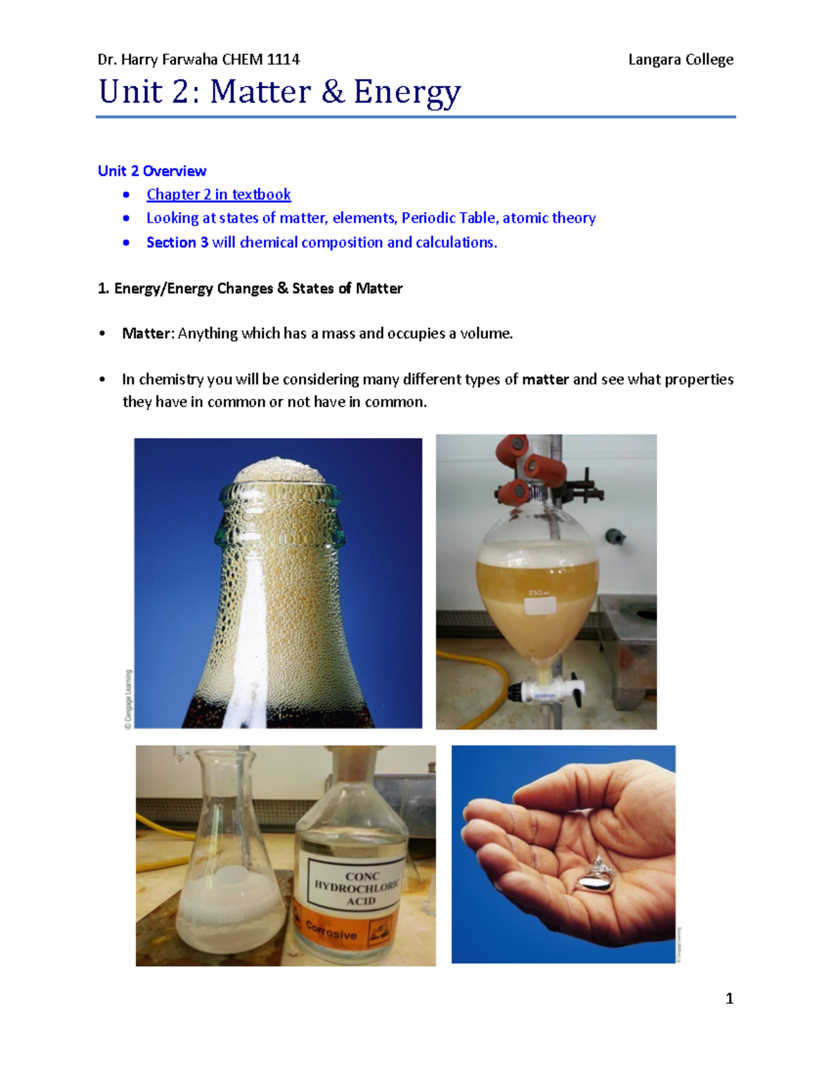 CHEM 1114 Unit 2 (Students) - Unit 2 : Matter & Energy Unit 2 Overview ...