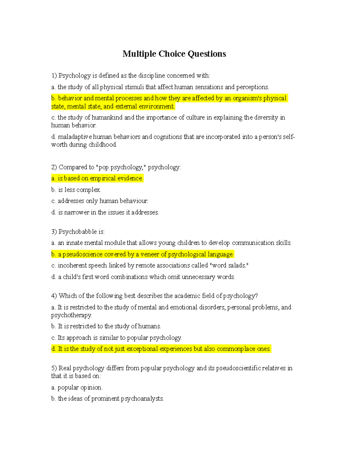 1 - Lecture notes 1 - Multiple Choice Questions Psychology is defined ...