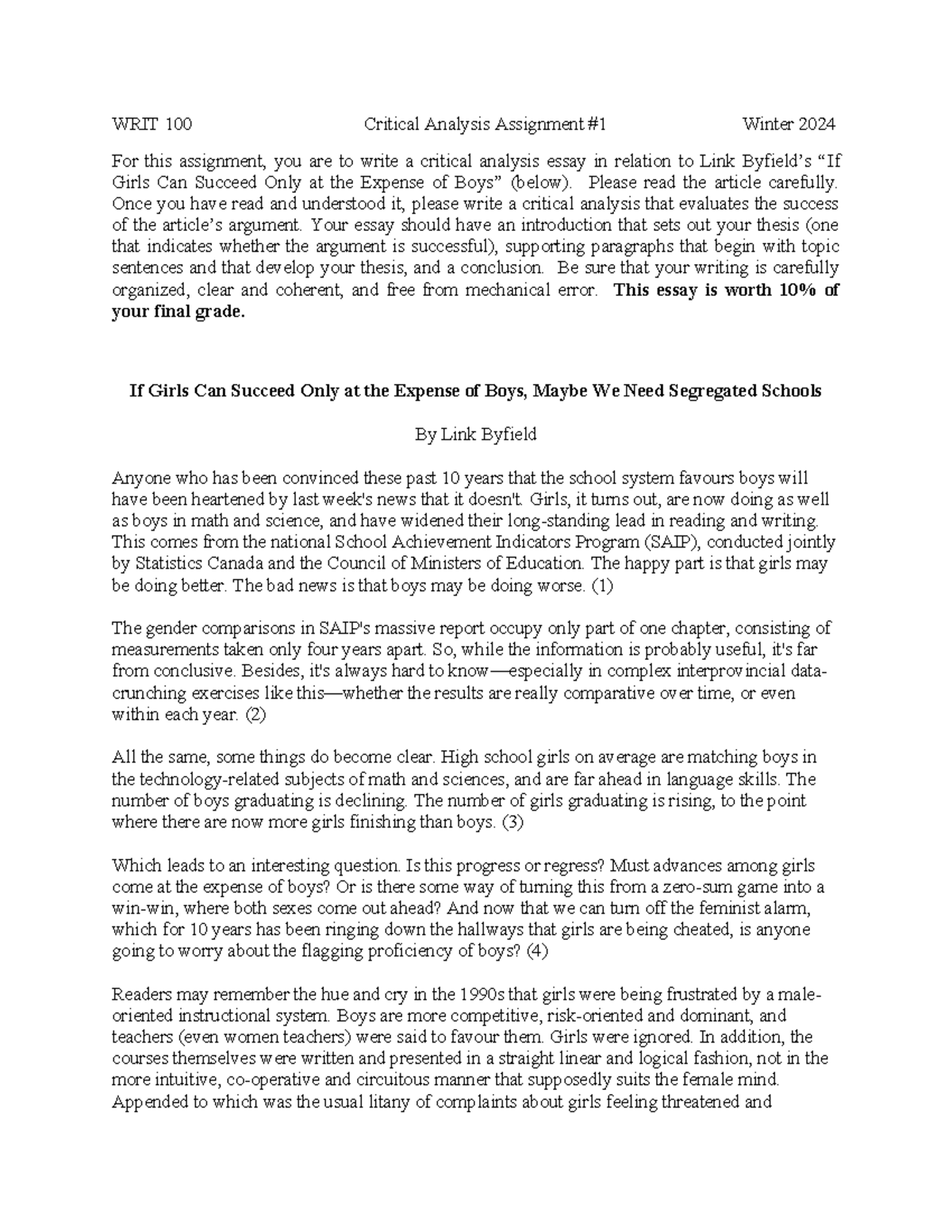 WRIT 100 Critical Analysis Assignment #1 - WRIT 100 Critical Analysis ...