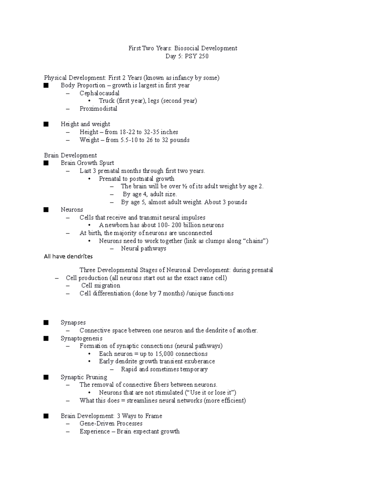 PSY 250 Day 5 Outline - for studying - First Two Years: Biosocial ...