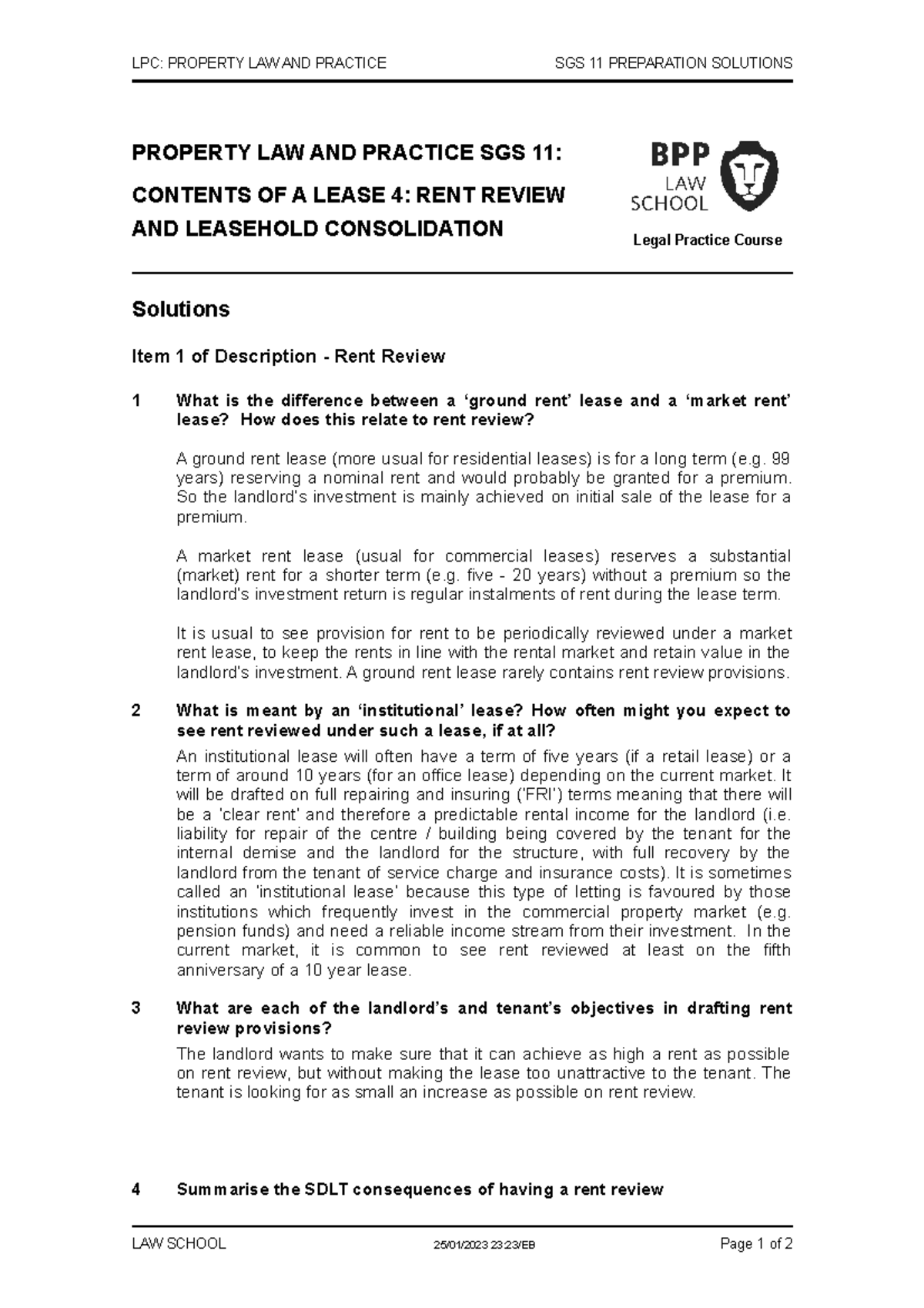 PLP SGS 11 Preparation Solutions - LPC: PROPERTY LAW AND PRACTICE SGS ...