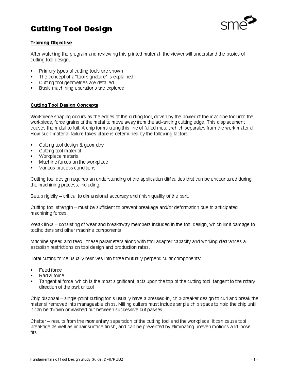 Cutting Tool Design - Training Objective After watching the program and ...