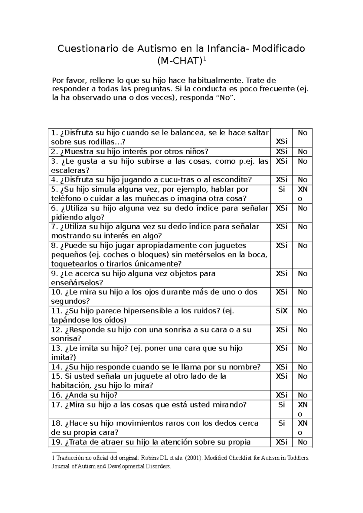 M-CHAT - Cuestionario de Autismo en la Infancia- Modificado (M-CHAT) 1 ...
