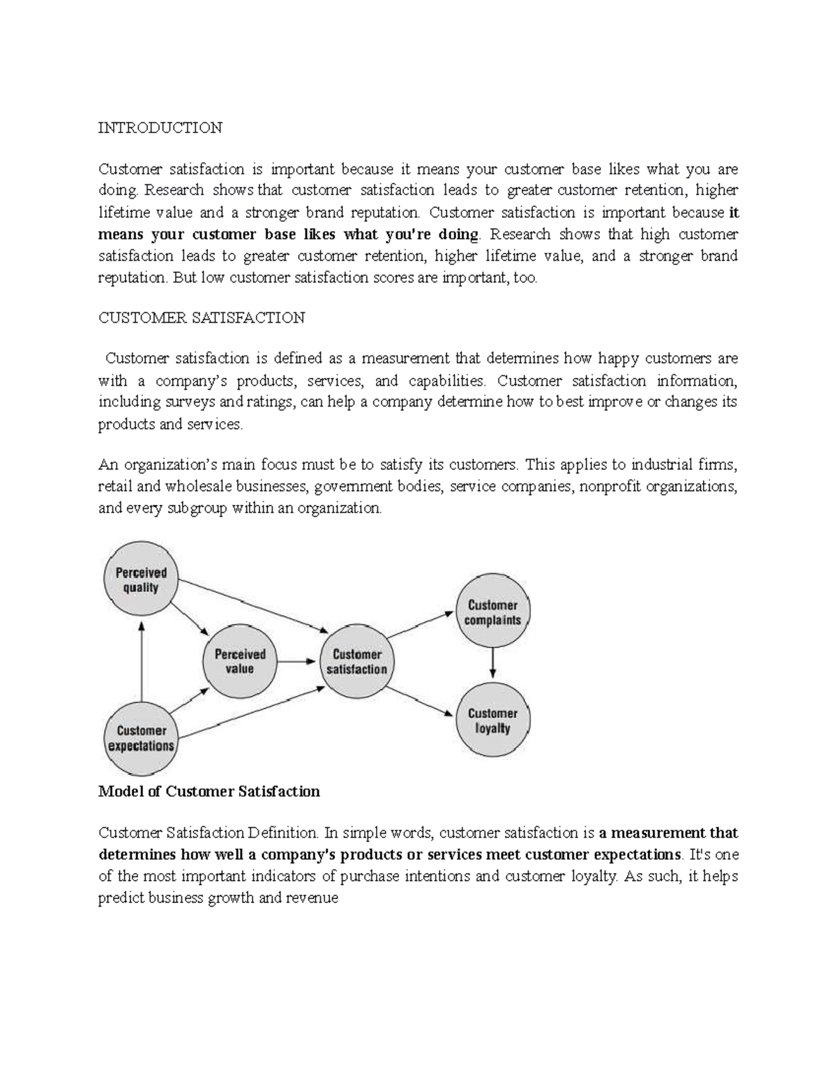 Customer Satisfaction IN Business - INTRODUCTION Customer satisfaction is important because it ...