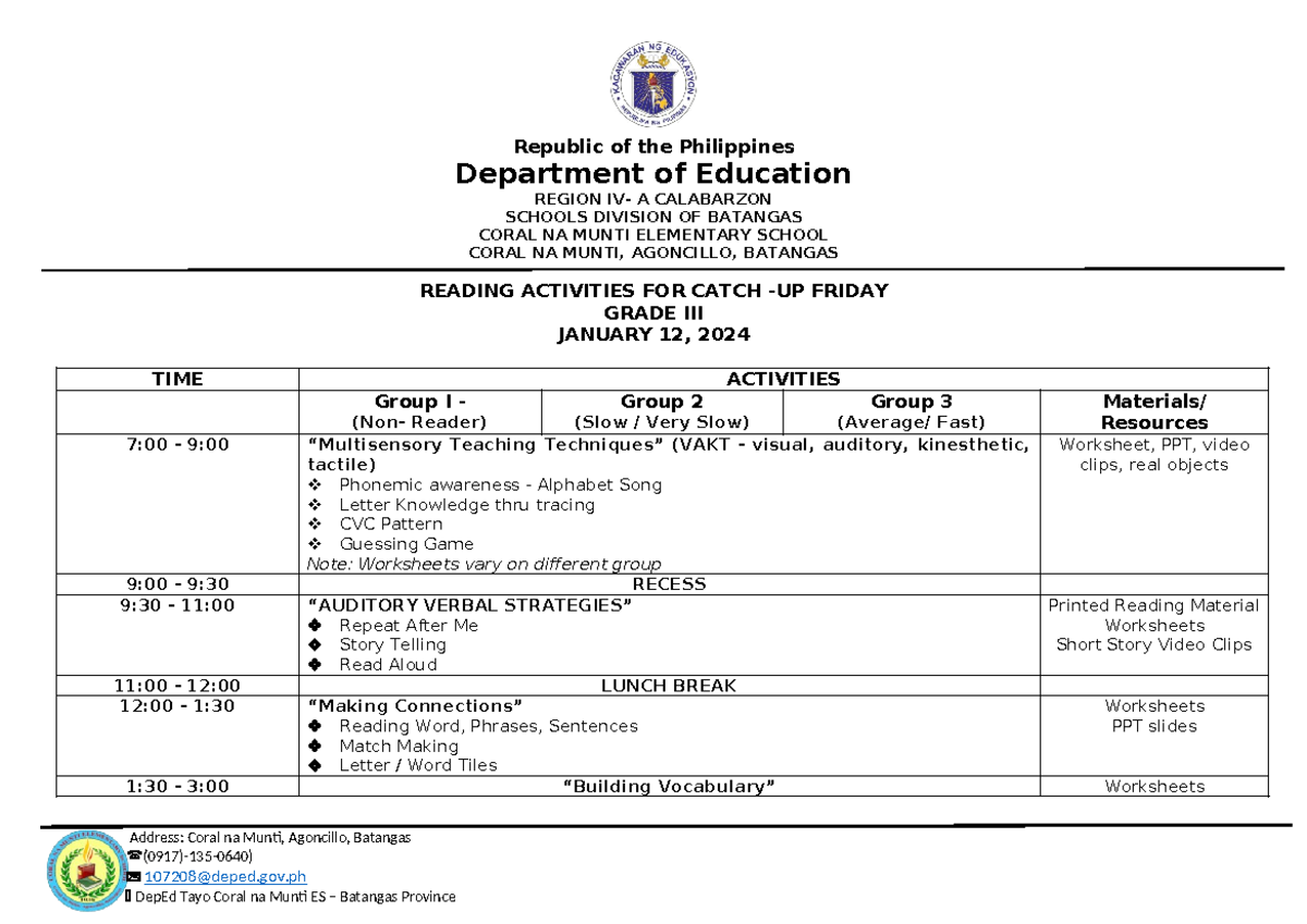Catch up Reading activities 1 - Republic of the Philippines Department ...