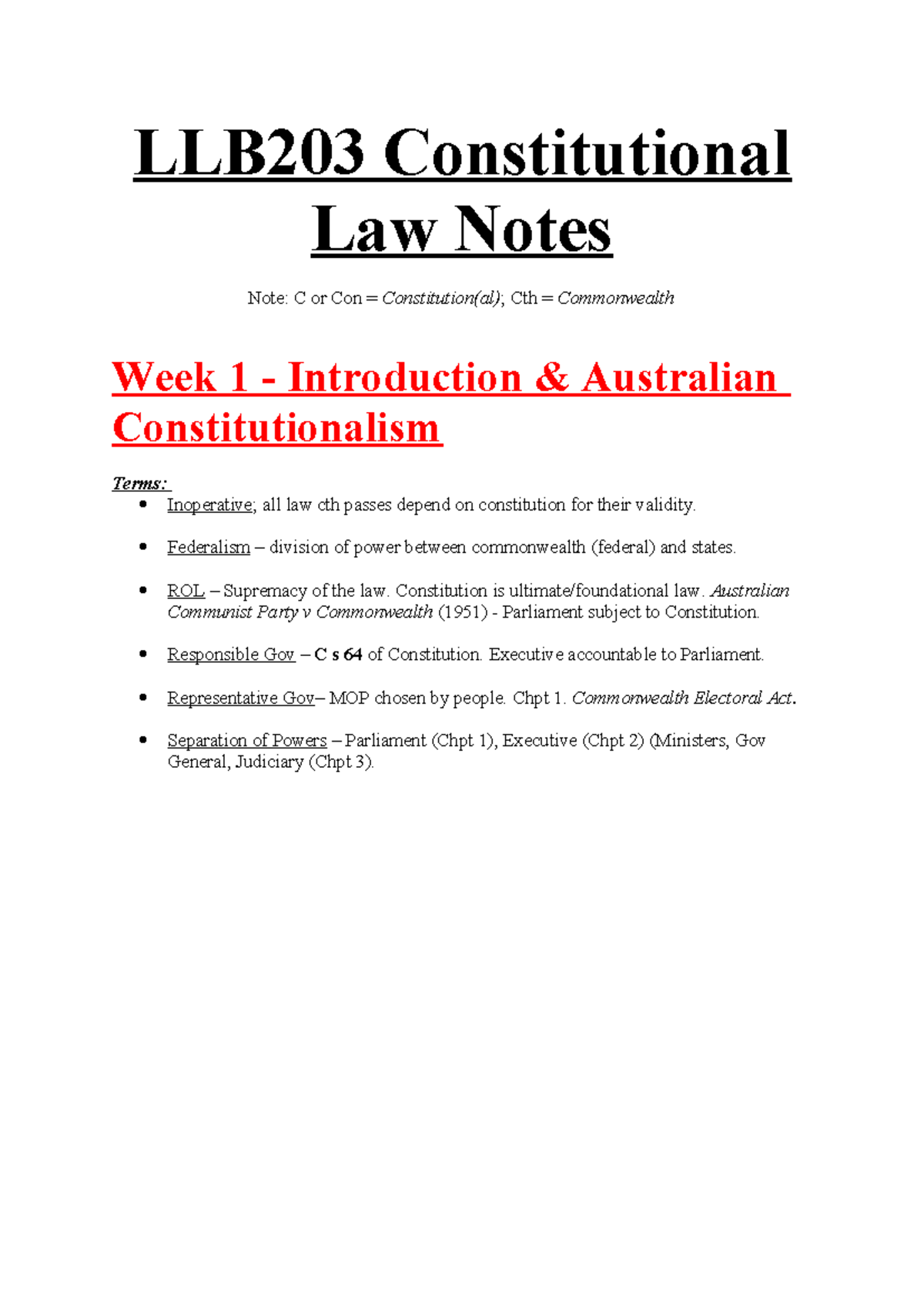 WK 1-4 LLB203 Notes - LLB203 Constitutional Law Notes Note: C or Con ...