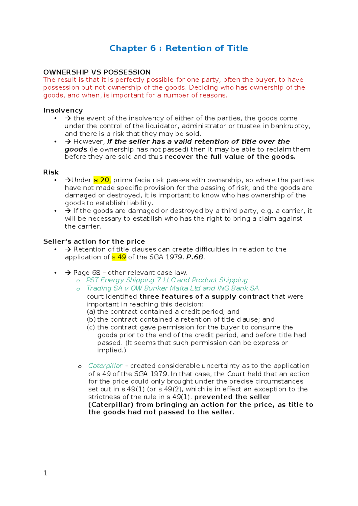 Unit 3 Notes Commercial - Chapter 6 : Retention of Title OWNERSHIP VS ...