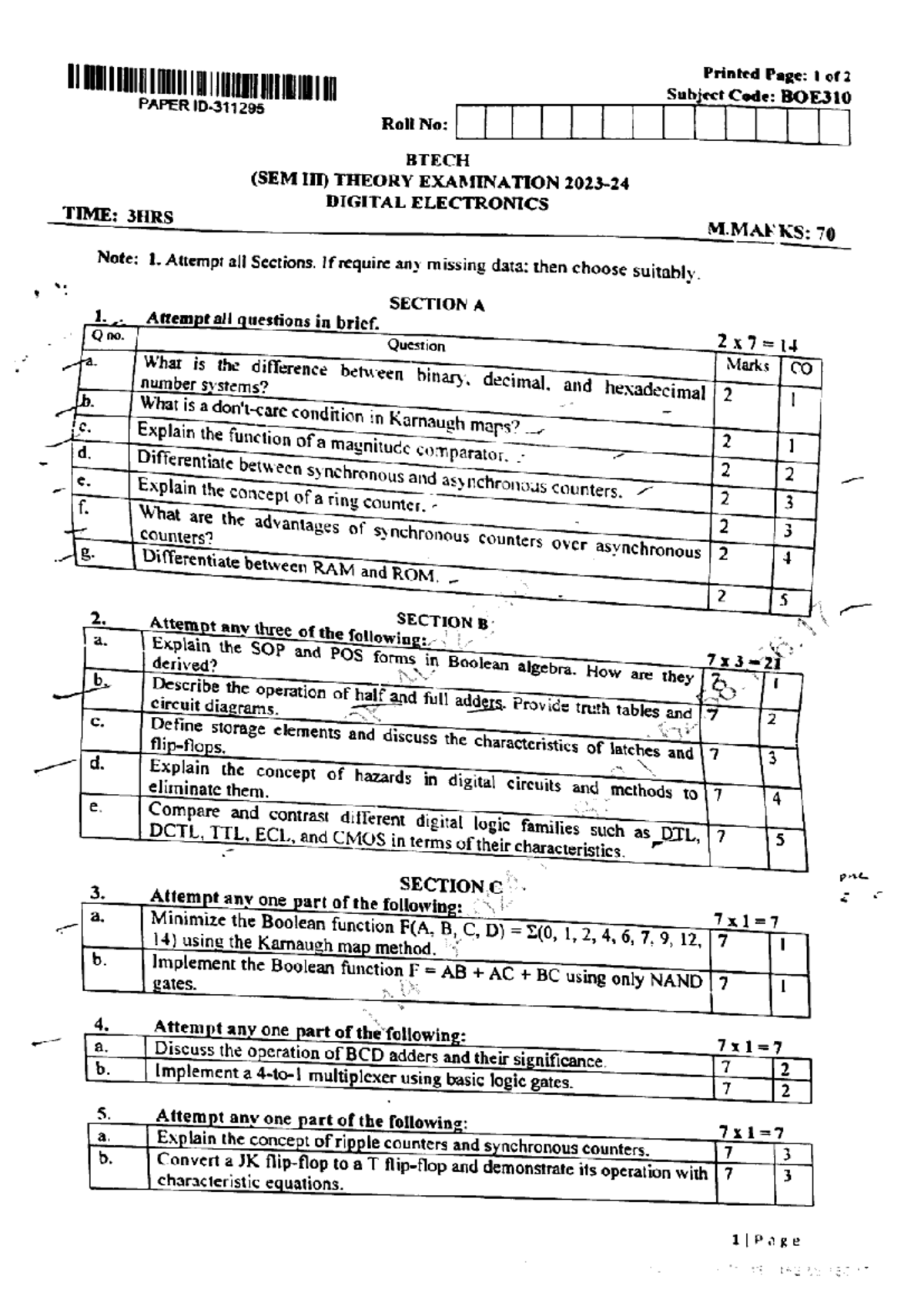 Btech oe 3 sem digital electronics boe310 mar 2024 - Printed Page: of 2 Subject Code: BOE310 ...